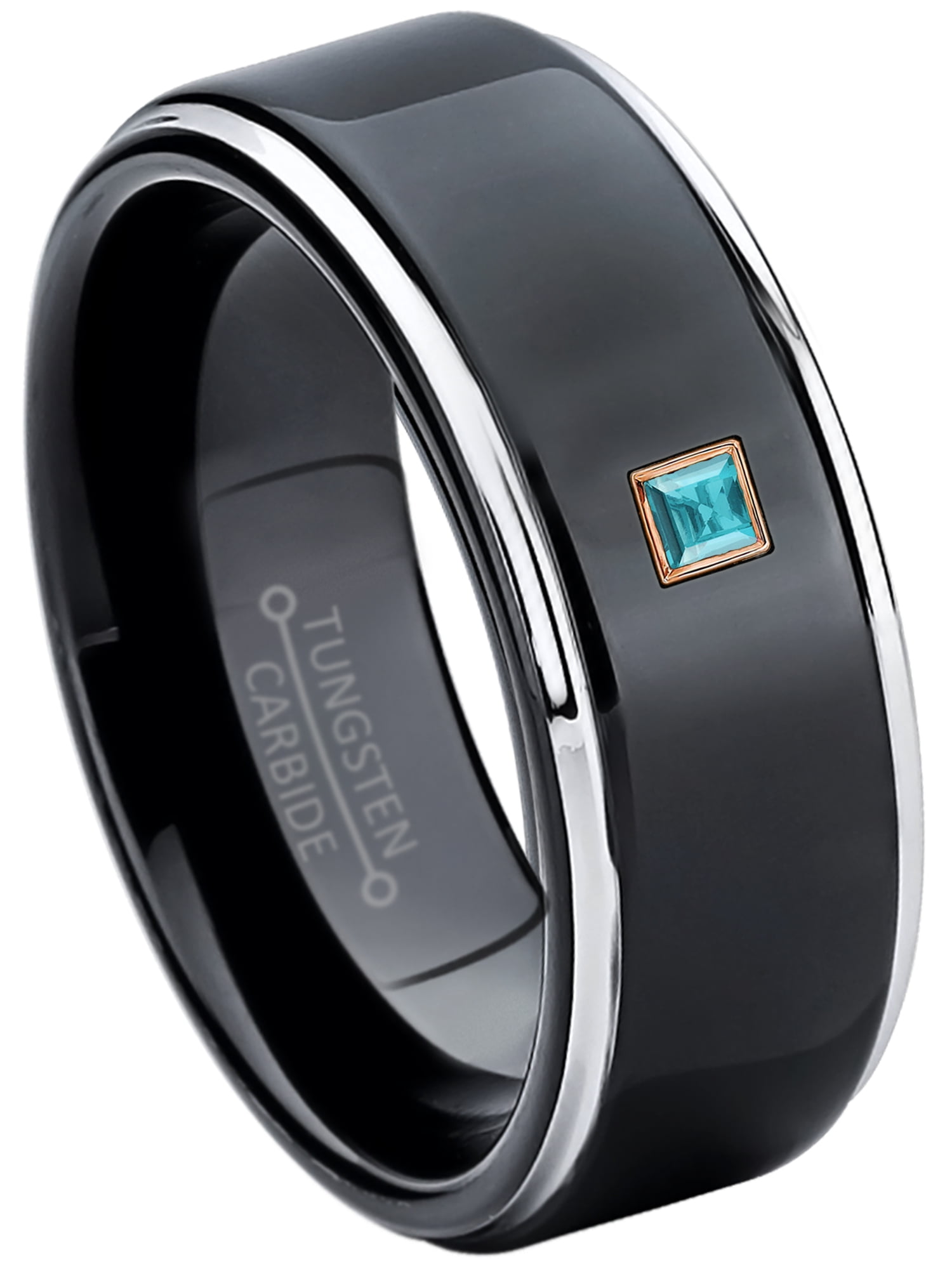 0.05ctw Princess Cut Topaz Tungsten Ring - 8MM Polished Black IP ...