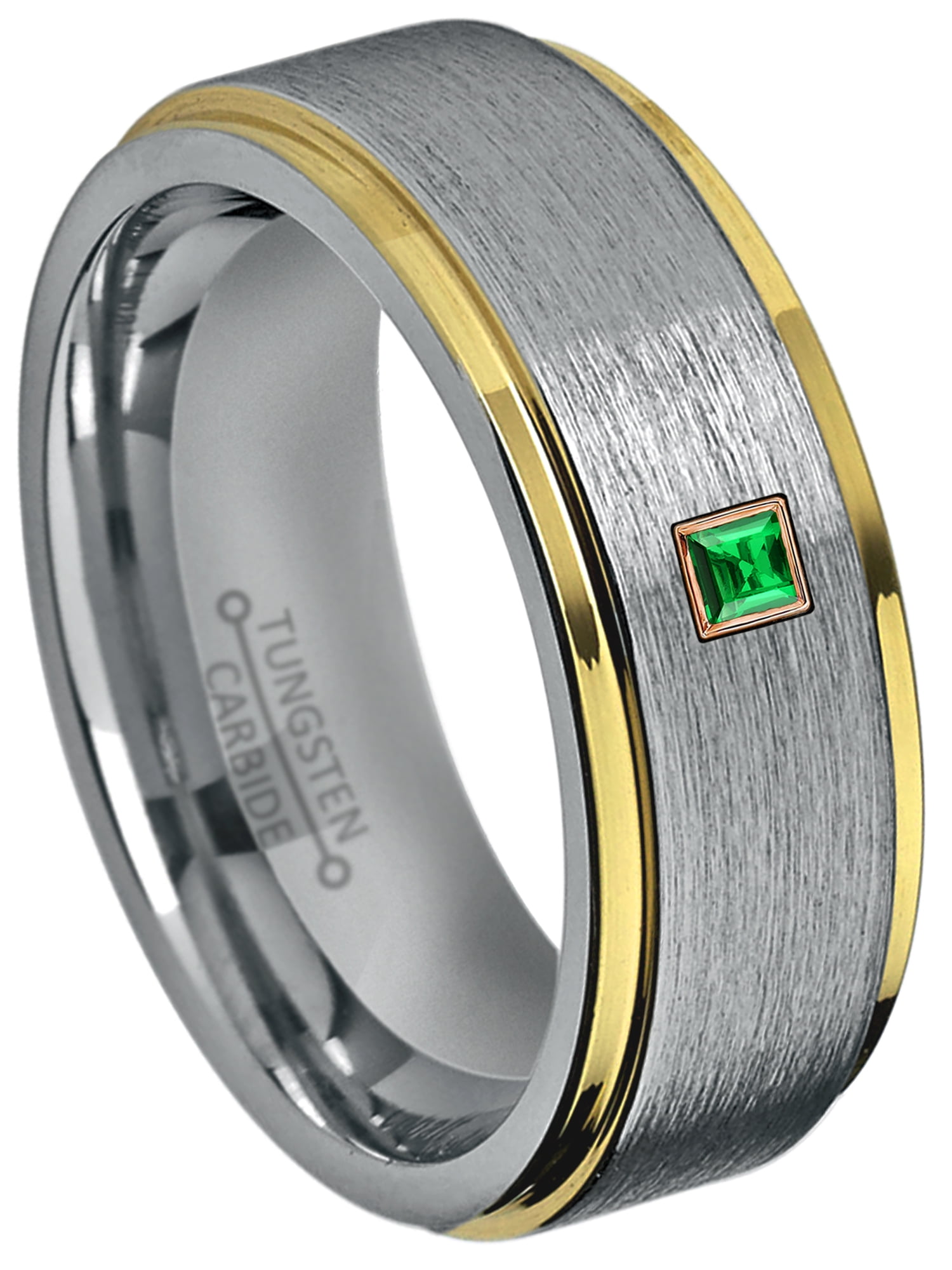0.05ctw Princess Cut Tsavorite Tungsten Ring - 8MM Brushed 2-Tone ...