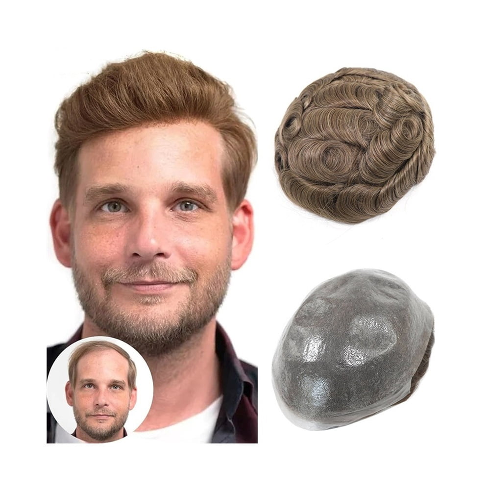 0.08mm Thin Skin Human Hair Men Toupee 18# Color Full PU Base Hairpiece ...