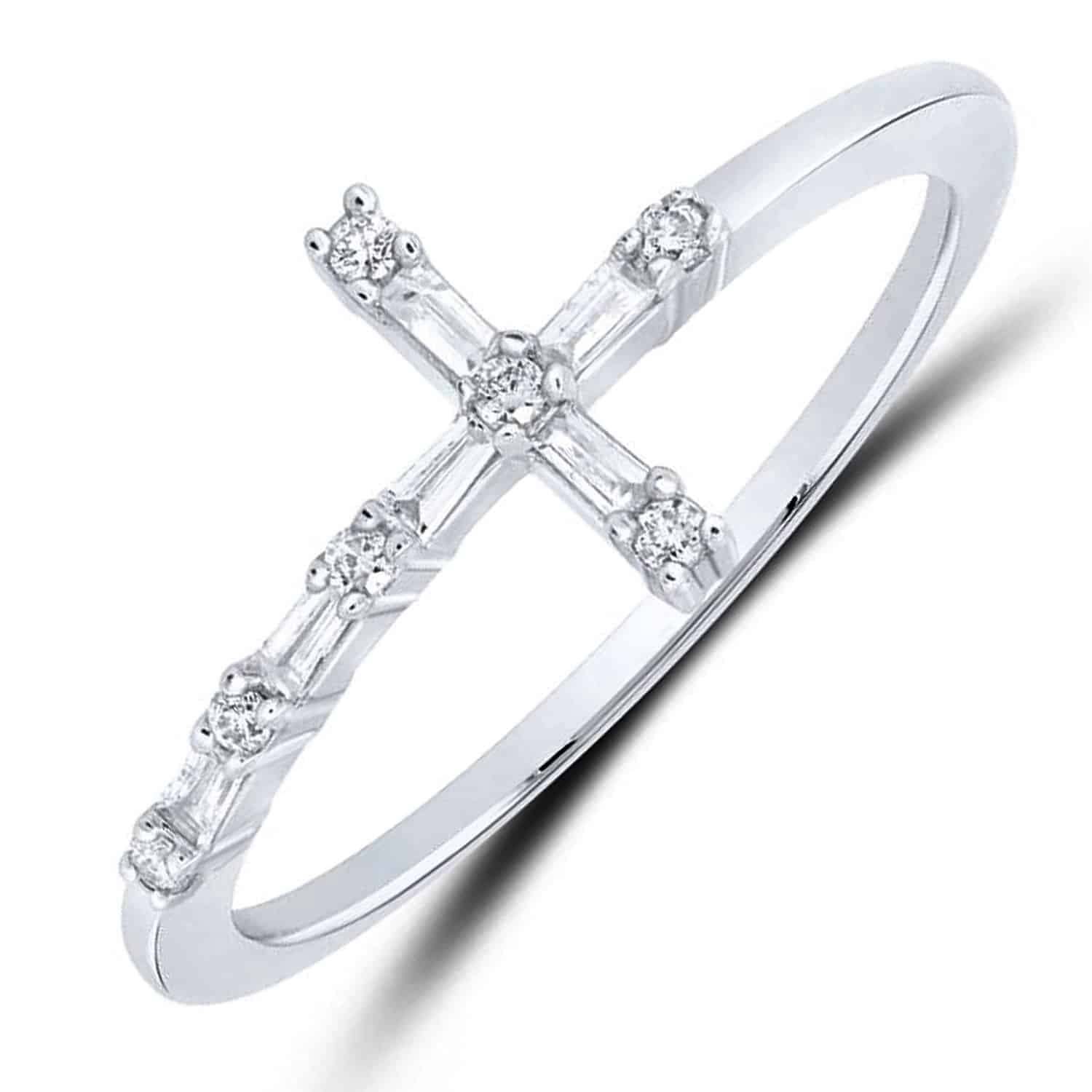 0.12CTW Real Diamond 10K White Gold Round Baguette Sideways Cross Ring ...