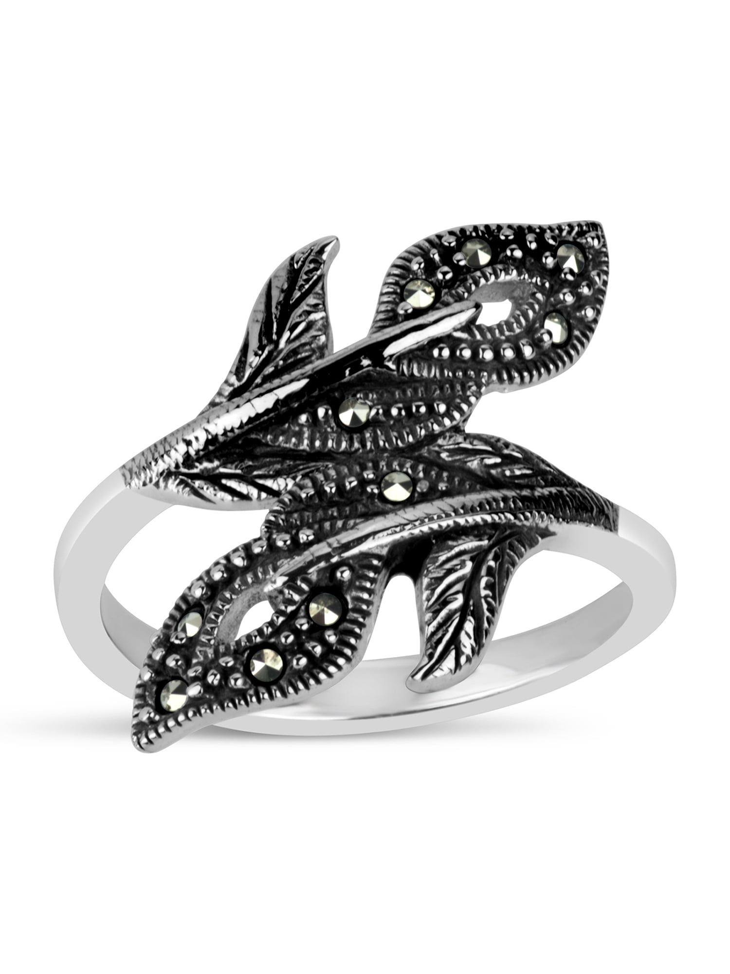 0.15 ct Marcasite Oxidized Leaf Bypass Ring in Sterling Silver ...
