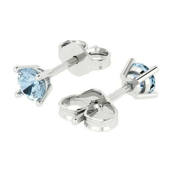 0.2 Ct Round Cut Studs Blue Natural Aquamarine 18K White Solid Solid ...