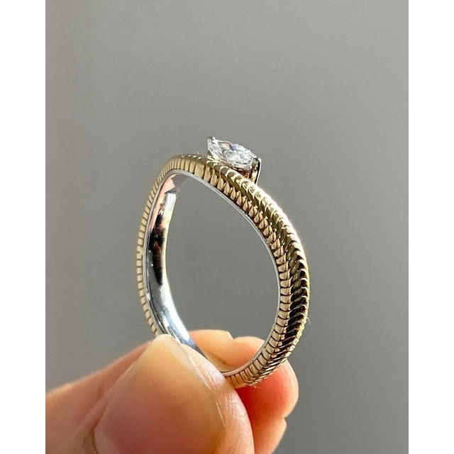 0.20CT East West Marquise Lab Grown Engagement Ring Solid Gold Curved Minimalist Band Rings For ...