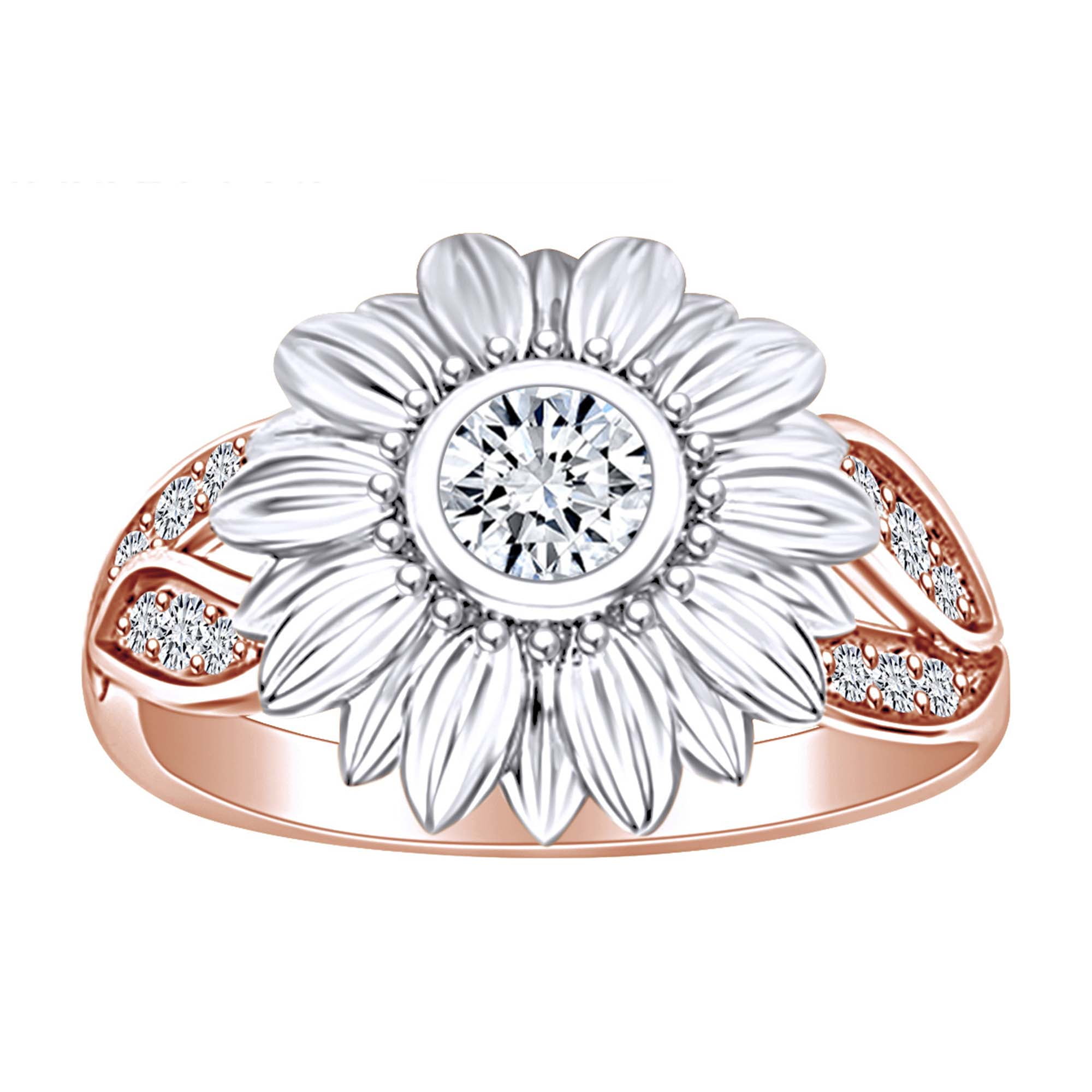 AFFY 0.32 Carat Round Shape White Natural Diamond Sunflower Engagement ...