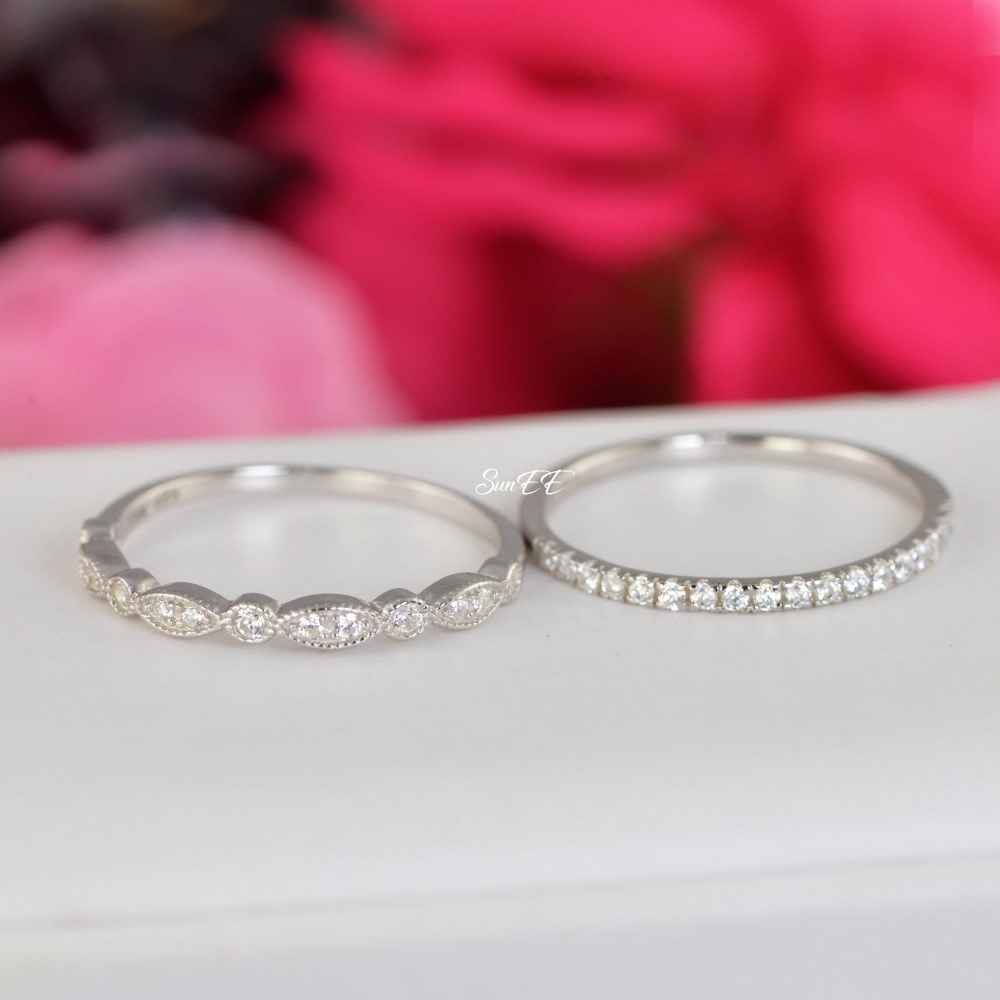 0.44ct Half Eternity & Art Deco Wedding Band Stack Promise Ring Diamond ...