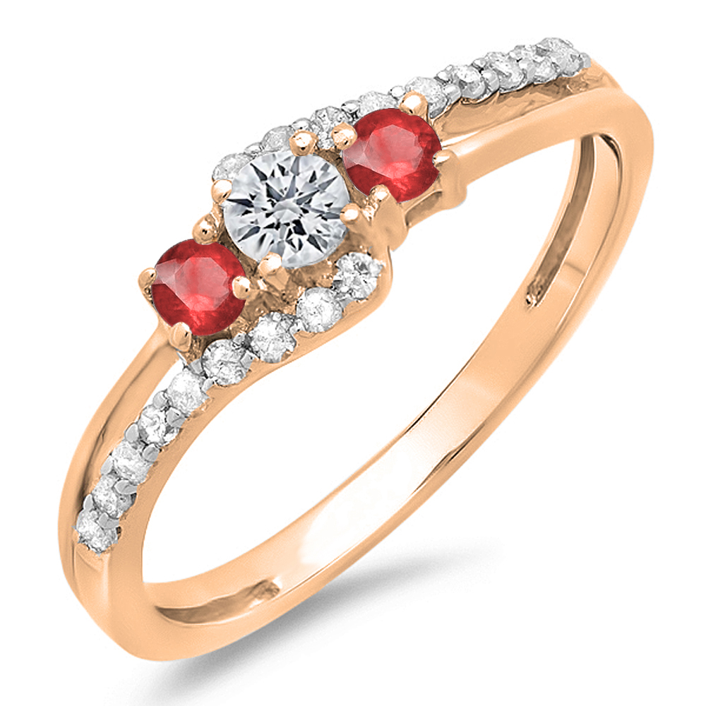 0.45 Carat (ctw) 10K Rose Gold Round Red Ruby & White Diamond Ladies 3 ...