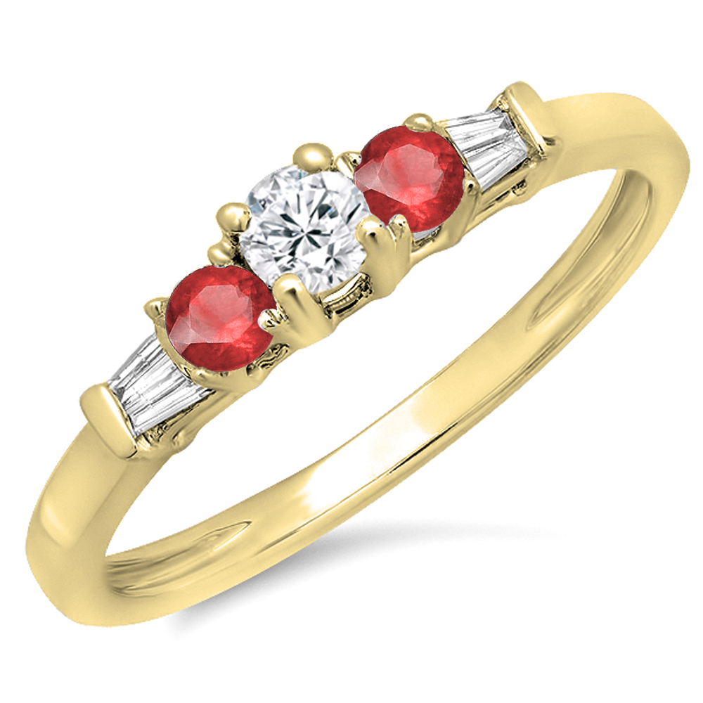 0.45 Carat (ctw) 10K Yellow Gold Round & Baguette Cut Red Ruby & White ...