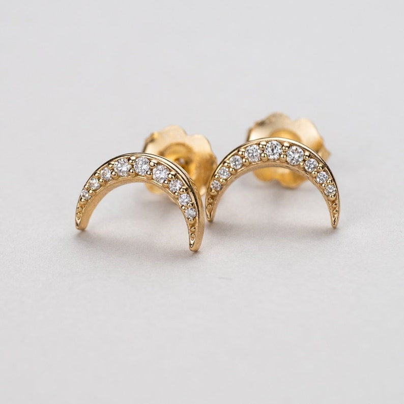 0.50 ct Lab Grown Diamonds Crescent Moon Studs Earrings, 14K Yellow Gold Plated Earring Moon ...
