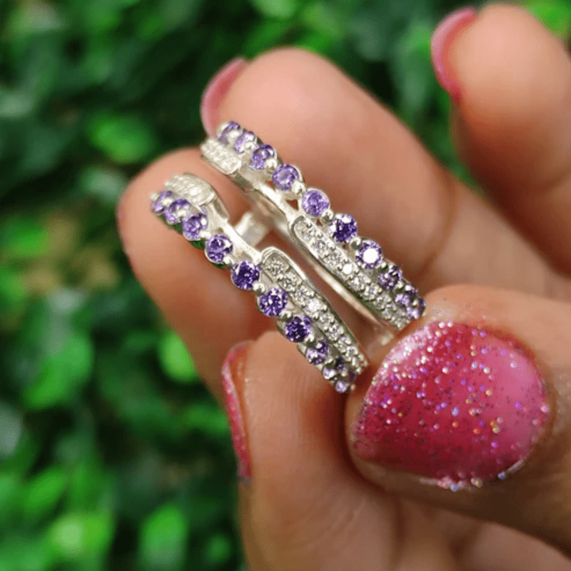 0.55Ct Purple Amethyst and White Diamond Cathedral Solitaire Enhancer Wedding Ring Guard ...