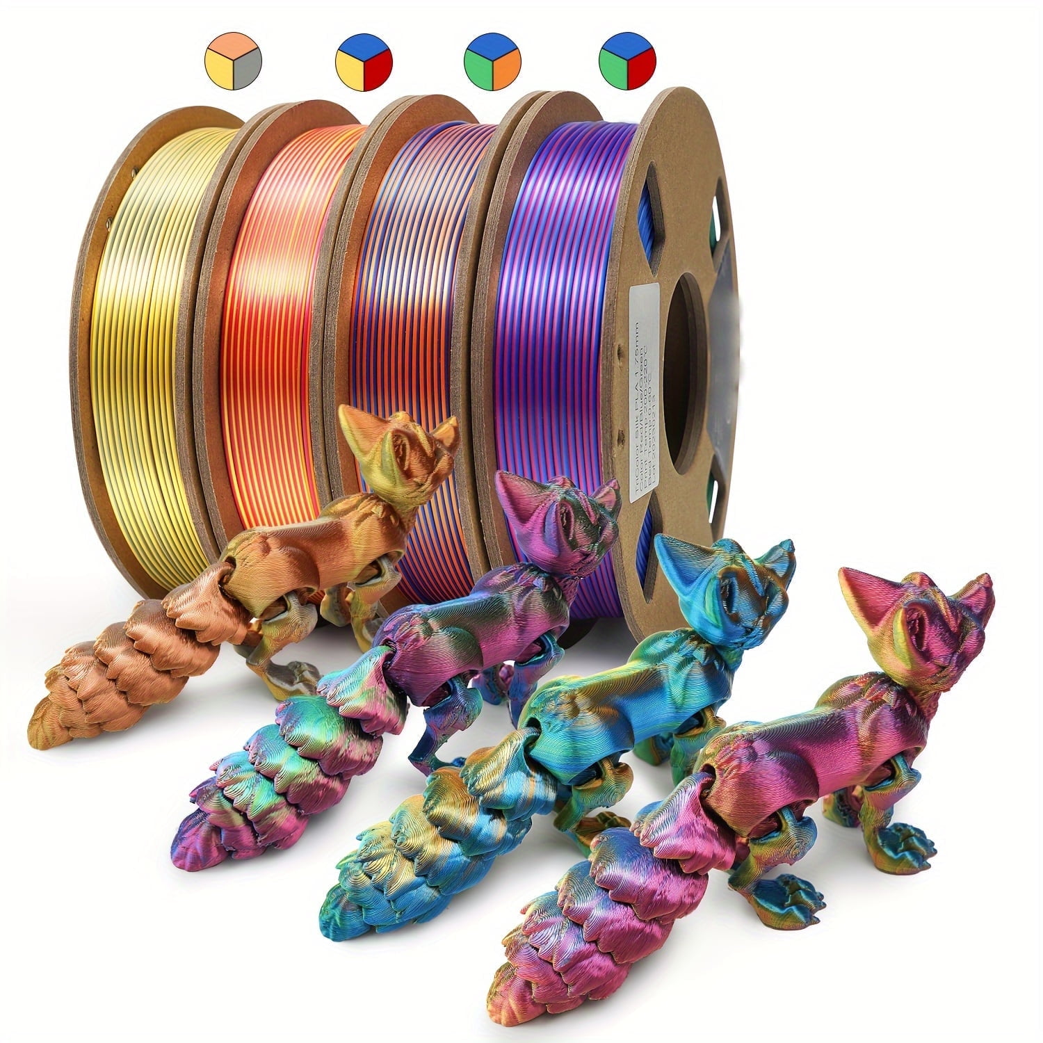 0.55LB x 4 PLA Filament 1.75mm, Tri-Colors 3D Printer Filament, Rainbow ...