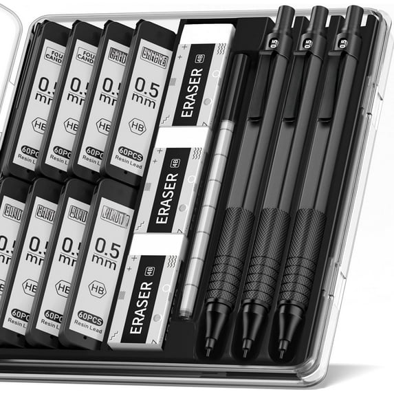 0.5mm Mechanical Pencil Set with Case, 3 count Artist Lead Pencil with 8 Tubes (480PCS) HB Lead ...