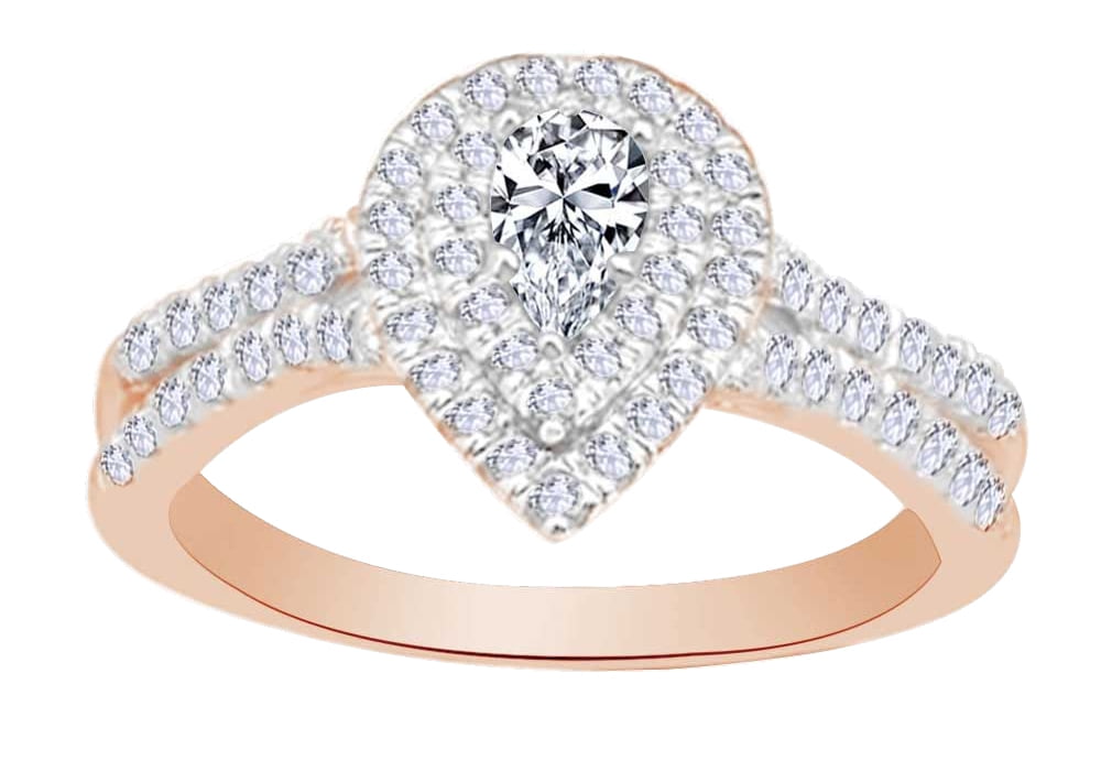 AFFY 0.62 CT White Natural Diamond Pear Shape Pinched Shank Double Halo Engagement Wedding Ring ...