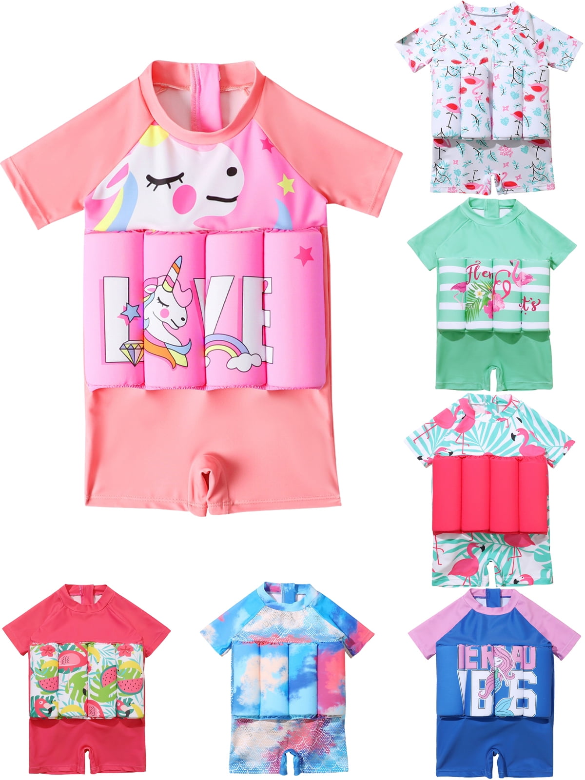 0-6T Toddler Baby Girl Short Sleeve Float Swimsuit Buoyancy Sticks One ...