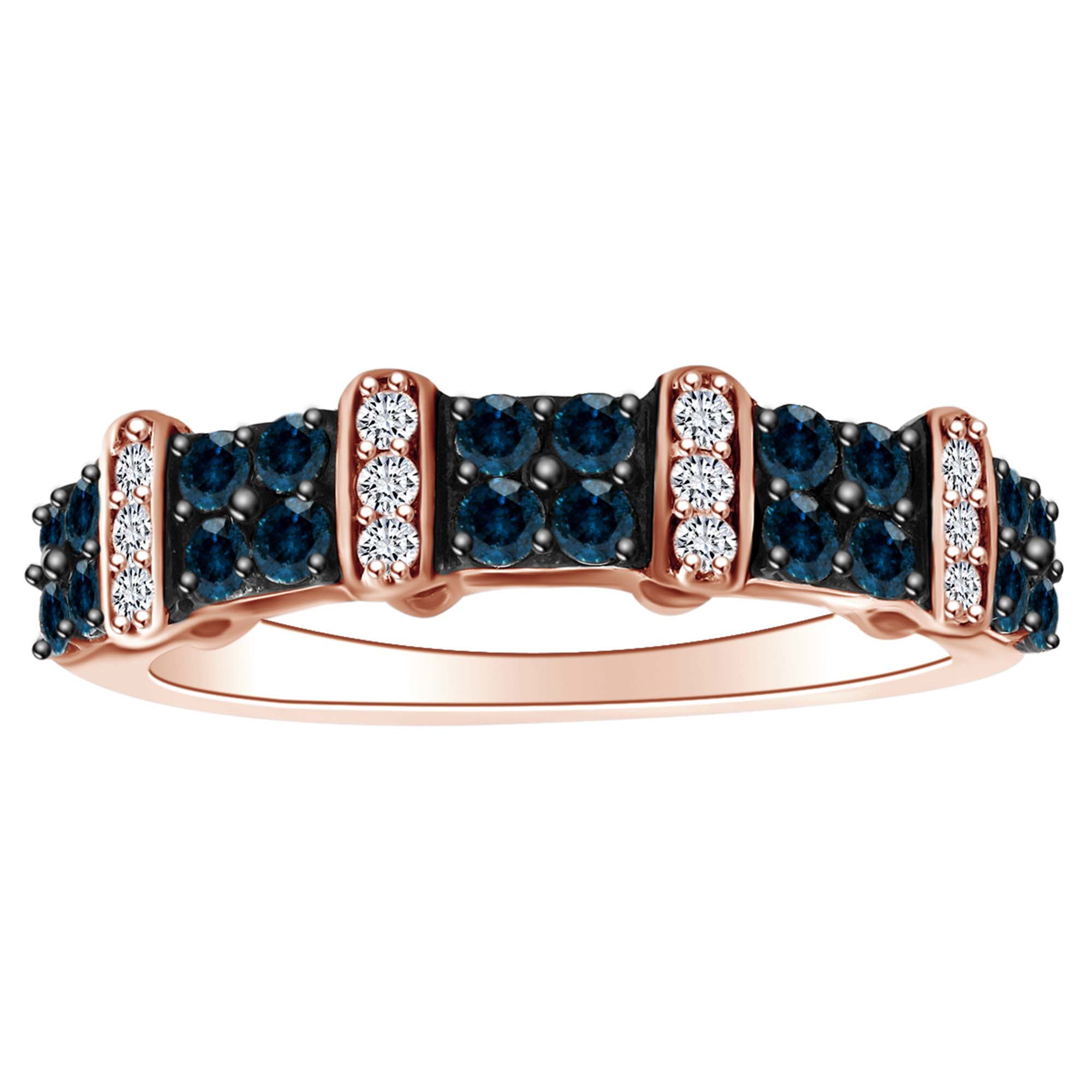 AFFY 0.70 Cttw Round Blue & White Natural Diamond Wedding Band Ring In ...