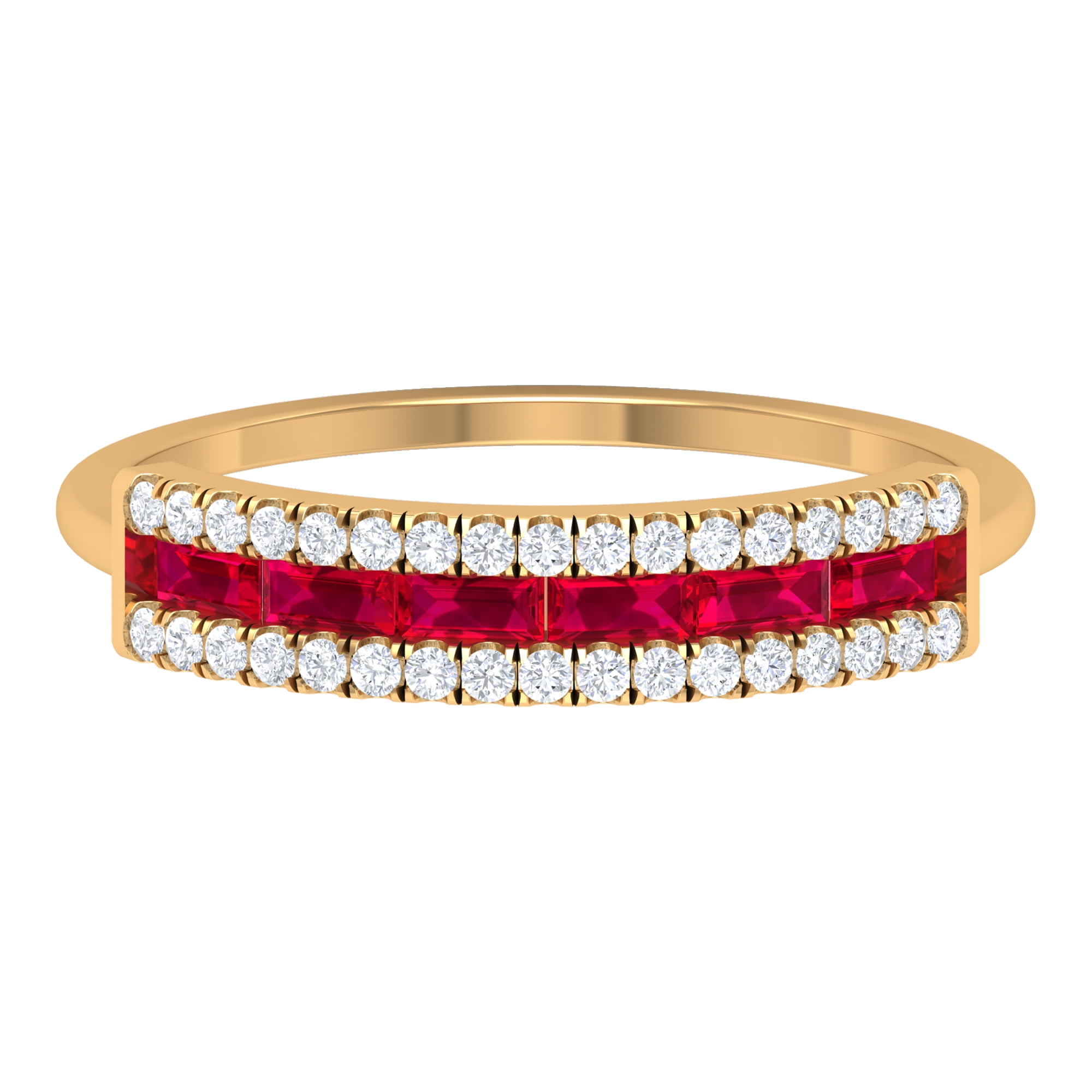 0.75 CT Lab Created Ruby Bar Ring with Diamond Accent, Baguette Cut Lab ...