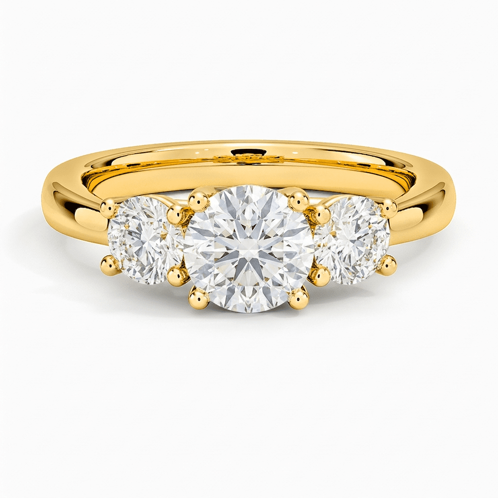 0.75 Carat 14K Yellow Gold Lab Grown Round Diamond Three Stone Ring for ...