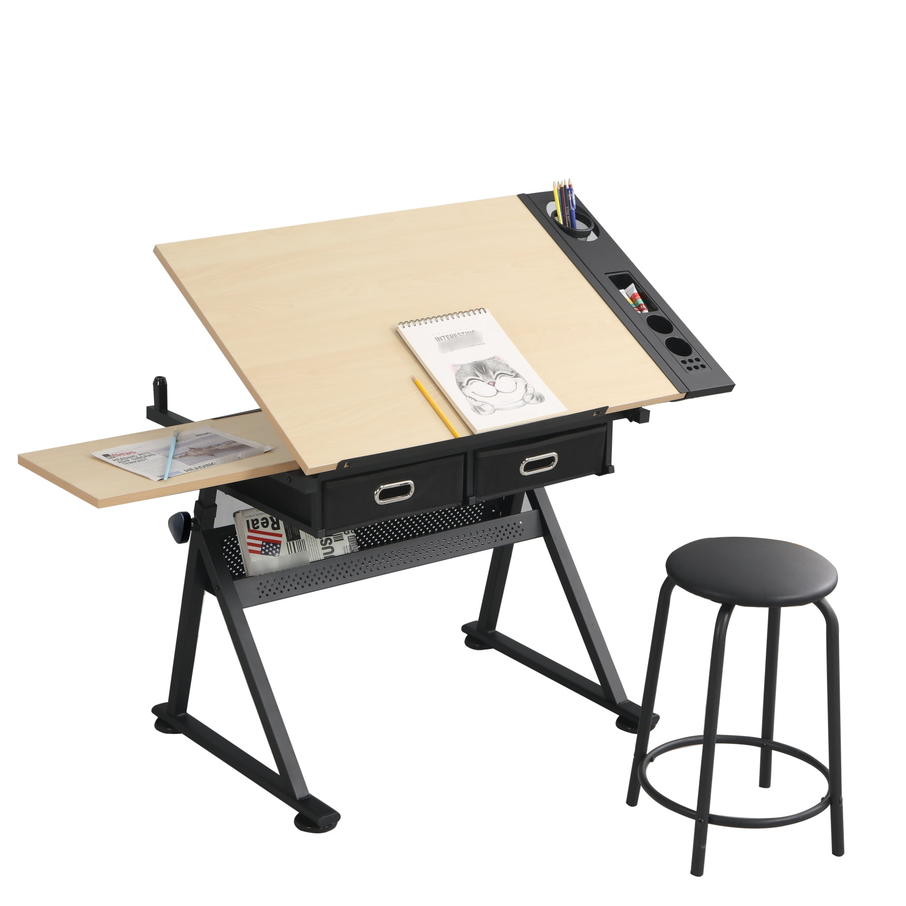 0 - 75° Tilting Drafting Table Desk With 2 Drawers And Stool For Home ...