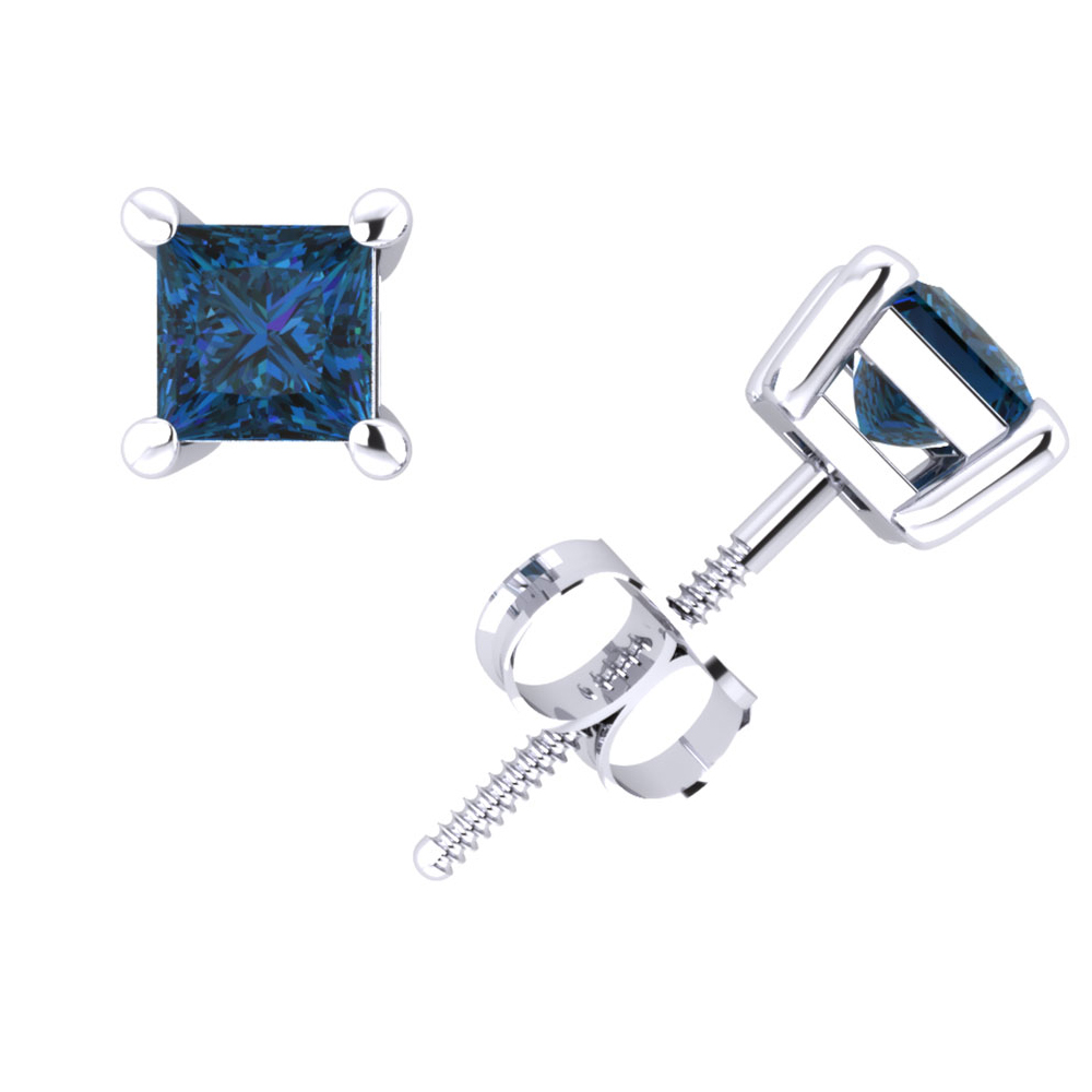 0.75CT Princess Cut Blue Diamond Basket Stud Earrings 14k White Gold ...