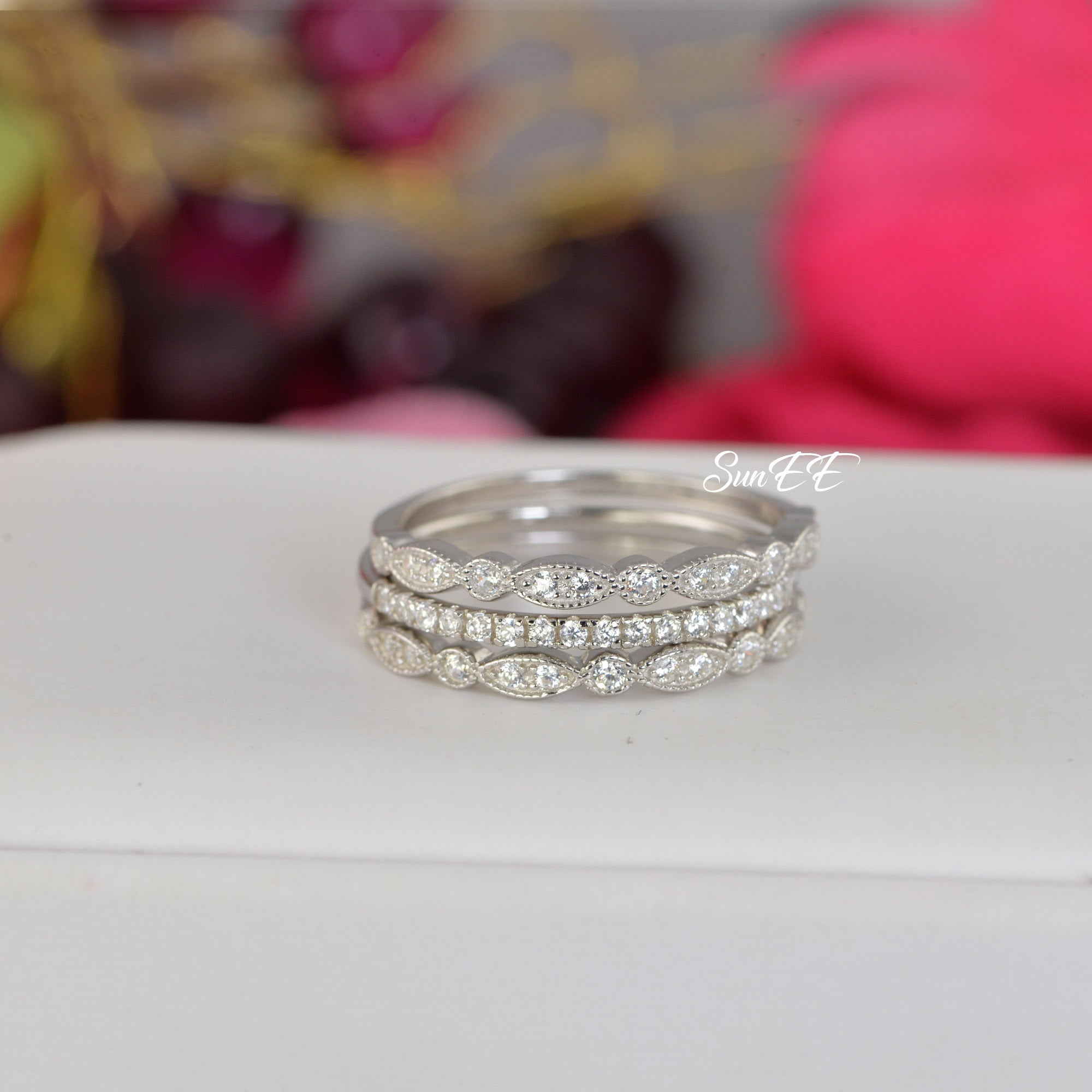 0.7ct Half Eternity & Art Deco Wedding Band Stack Promise Ring Diamond ...