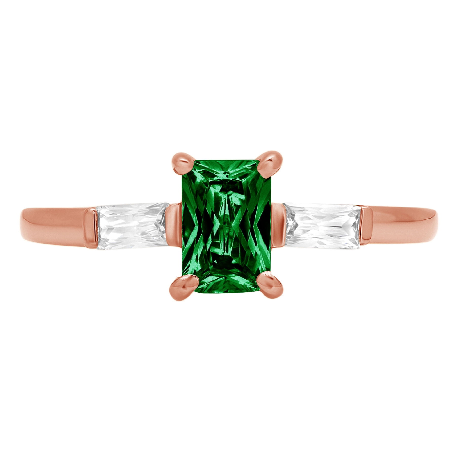 0.8ct Emerald cut - Three- Stone - VVS1 Simulated Emerald - 18k Rose ...