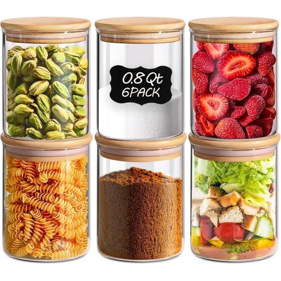 0.8 Qt Glass Food Storage Jars Set of 6, Clear Glass Containers with ...