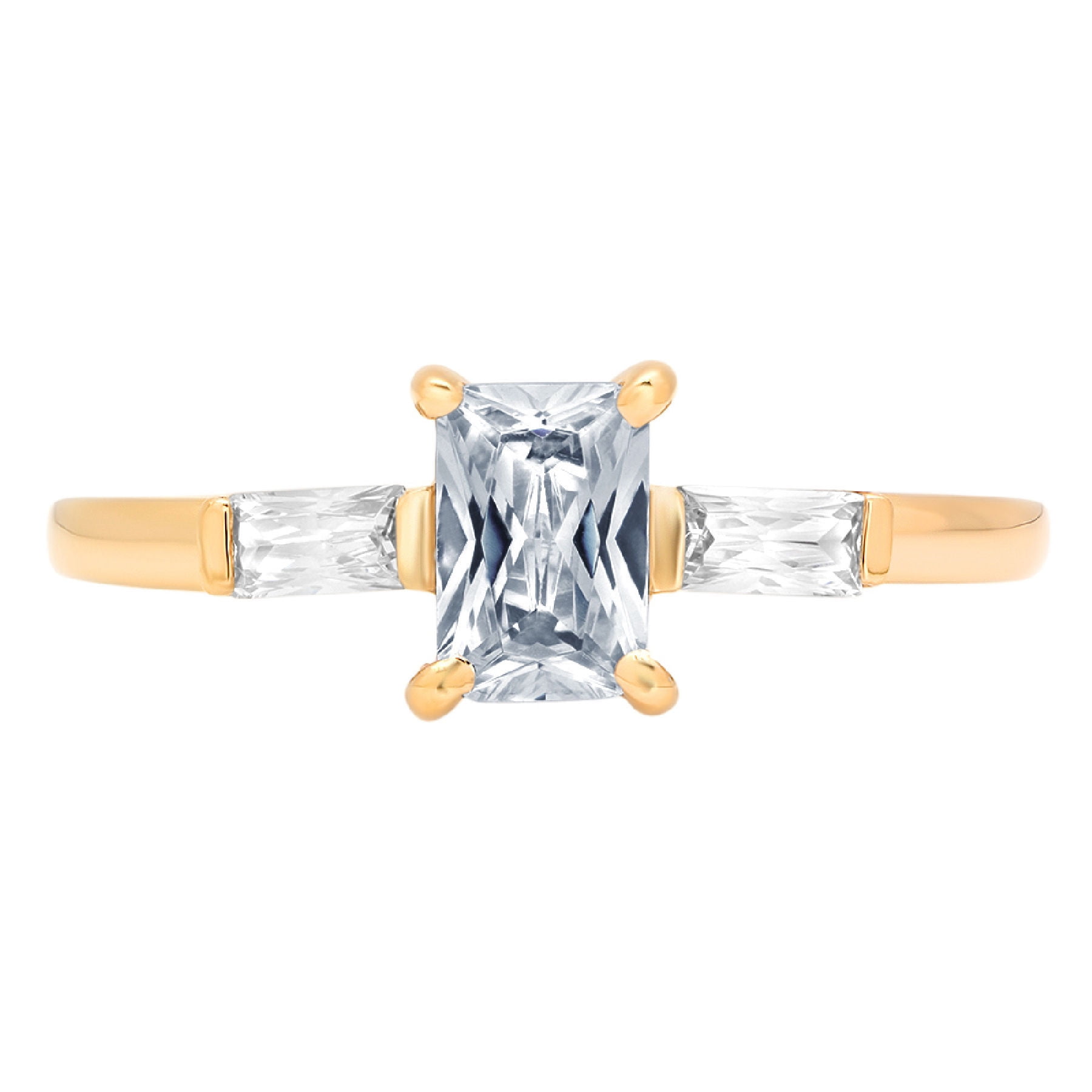 0.8 ct Emerald Cut Natural Swiss Blue Topaz 3 Stone 18K Yellow Gold ...