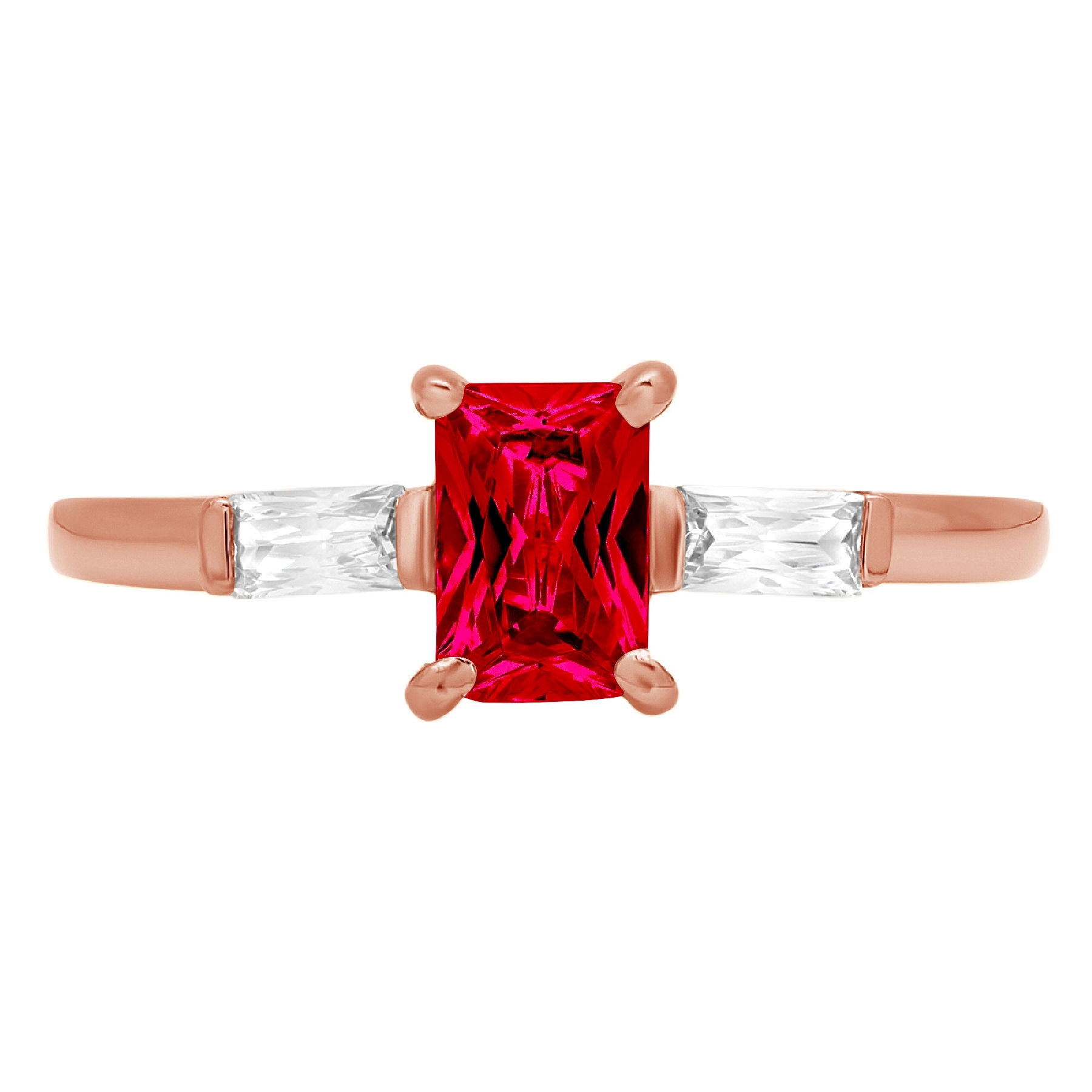 0.8 ct Emerald Cut Simulated Ruby 3 Stone 18K Rose Gold Womens ...