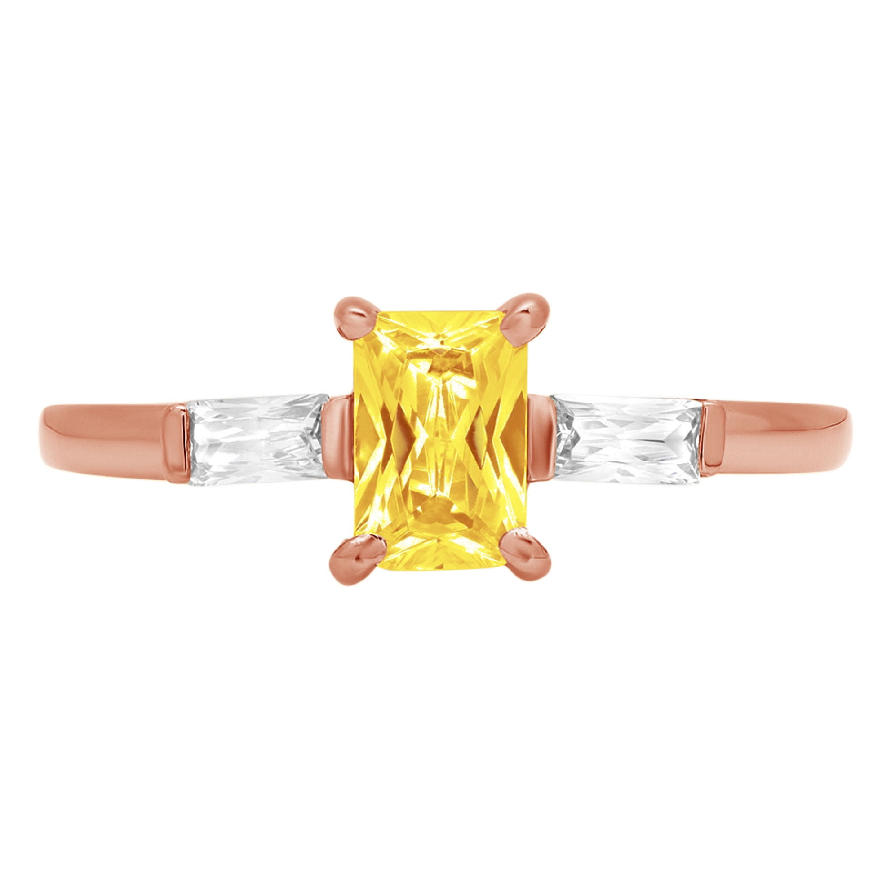 0.8 ct Emerald Cut Simulated Yellow Diamond 3 Stone 14K Rose Gold ...