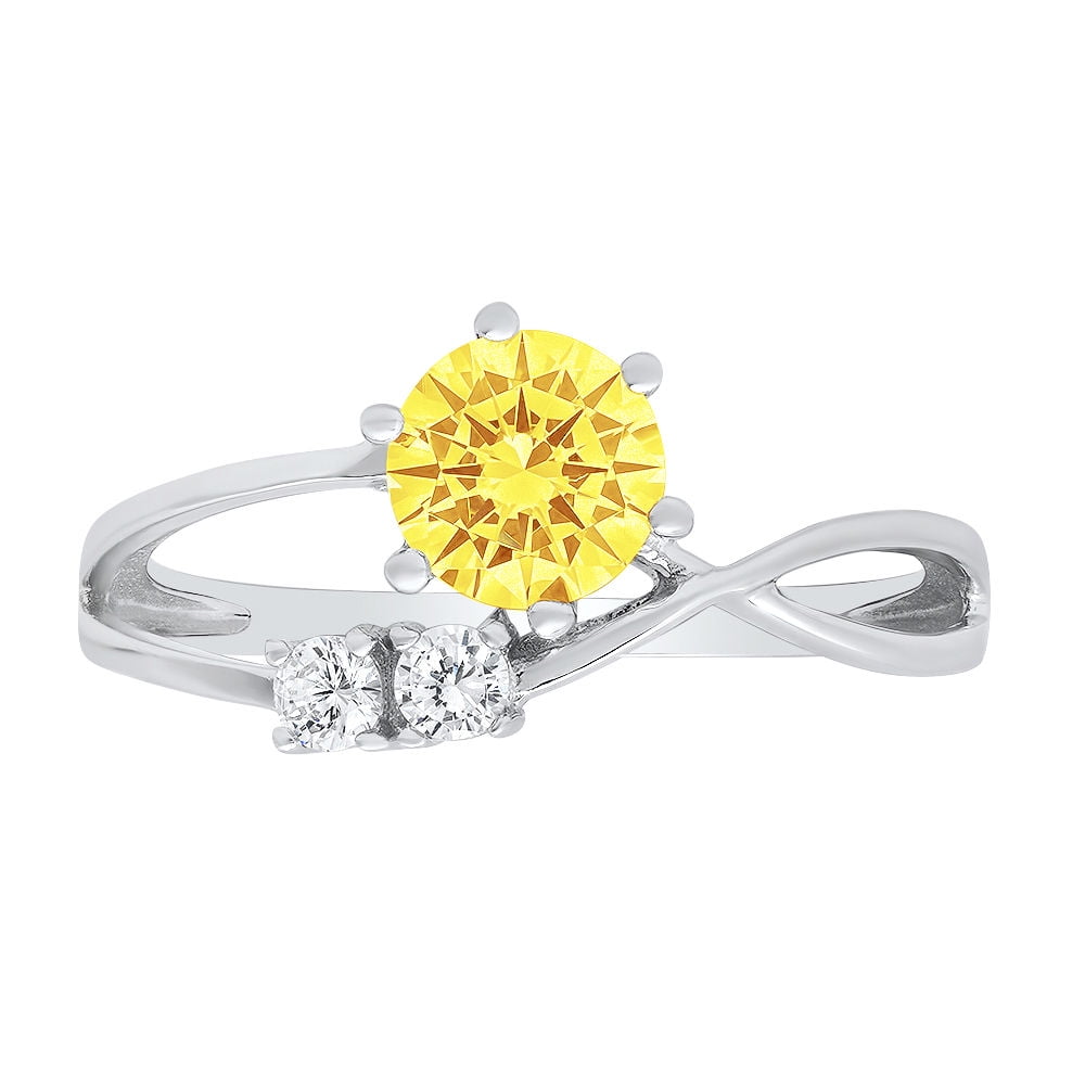 0.87 ct Round Cut Simulated Yellow Diamond 3 Stone 18K White Gold Womens Engagement Ring ...