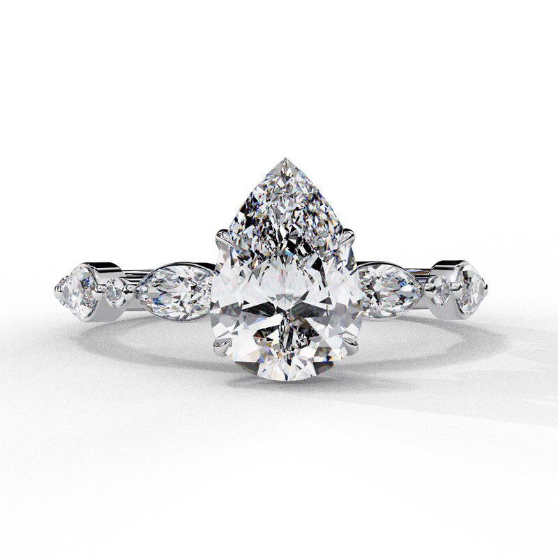 0.89 CT Pear Cut Lab Grown Diamond, 10k Gold Engagement Ring, Marquise Cut Side Diamond Wedding ...