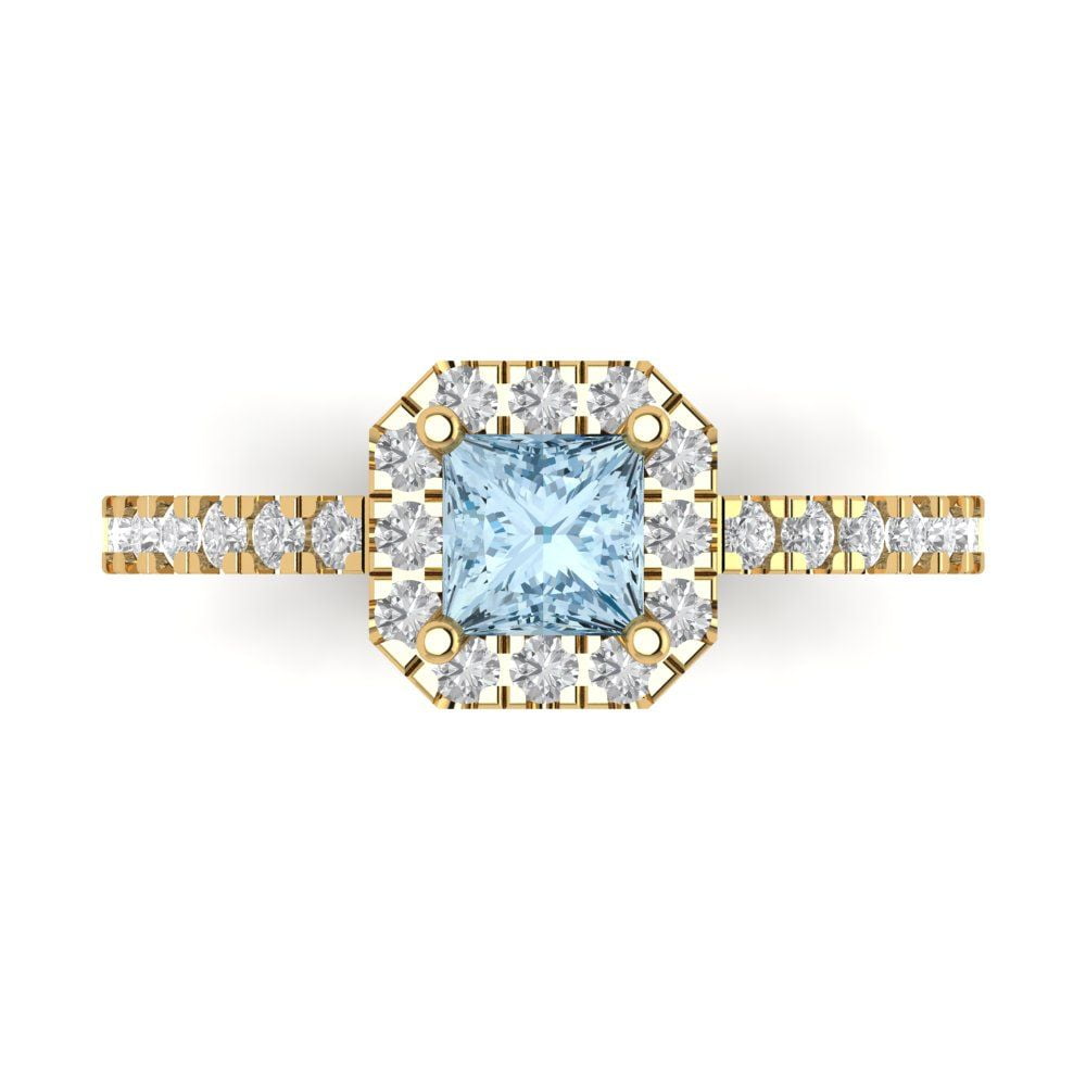 0.89 ct Princess Cut Natural Aquamarine with Simulated Diamond Halo Accents 18K Yellow Gold ...