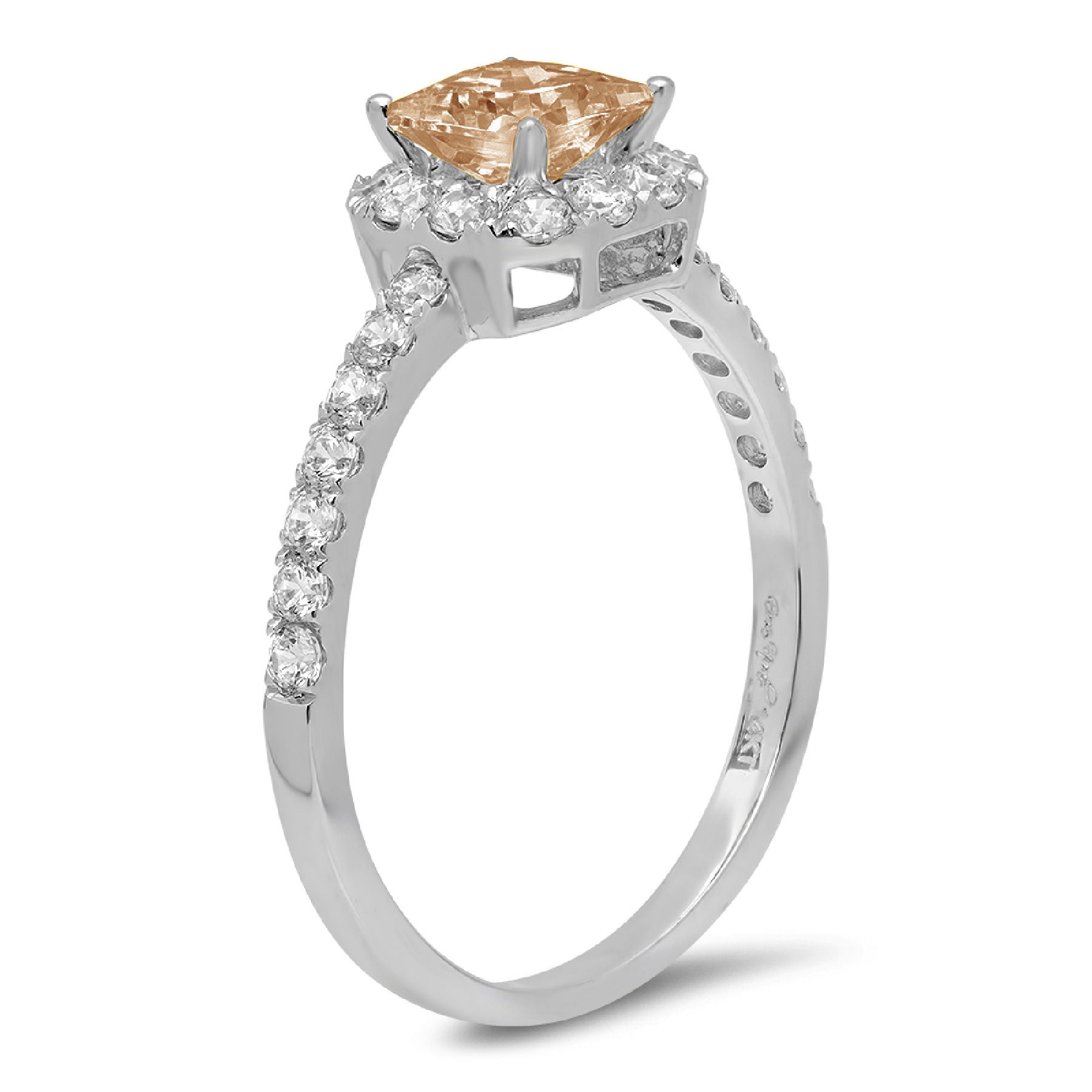 0.89 ct Princess Cut Simulated Champagne Diamond Halo Engagement Ring for Women in 18K White ...