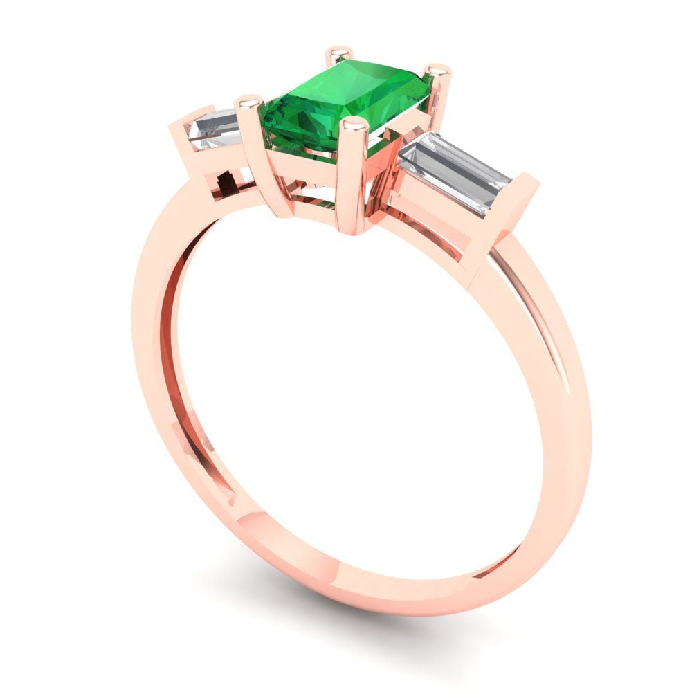 0.8ct emerald cut green emerald 18k rose gold 3 stone Bridal Wedding ...