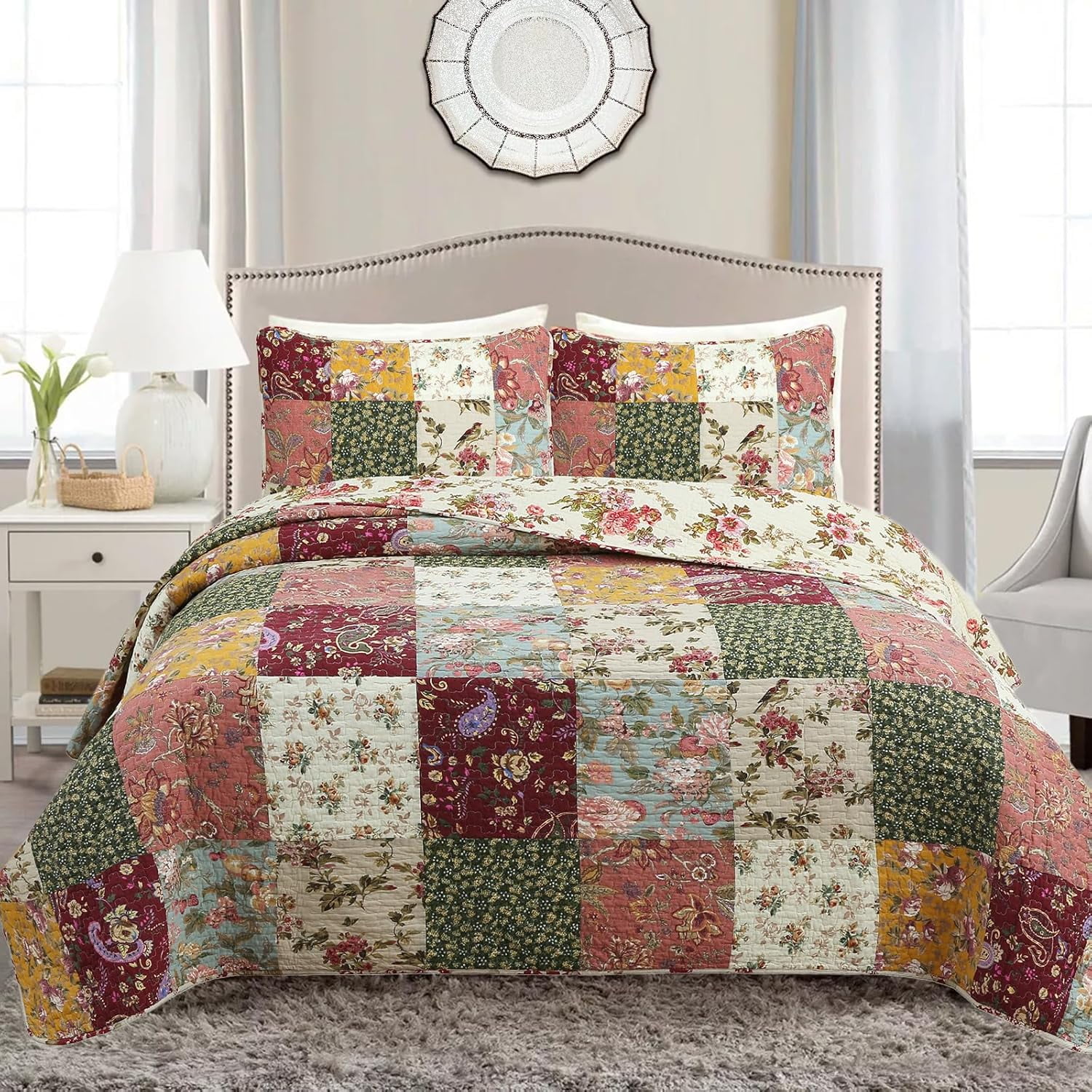 00% Cotton Authentic Patchwork Quilt Bedding Set, Floral Vintage ...