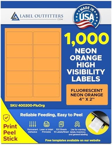 ,0004 x 2 inches Printable Fluorescent Neon Orange High Visibility ...