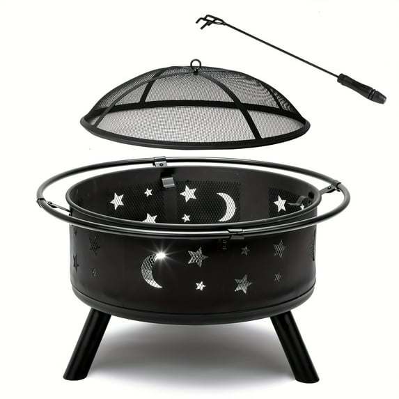 001 30in Round Wood Burning Fire Pit with Carrying Ring & Mesh Lid ...