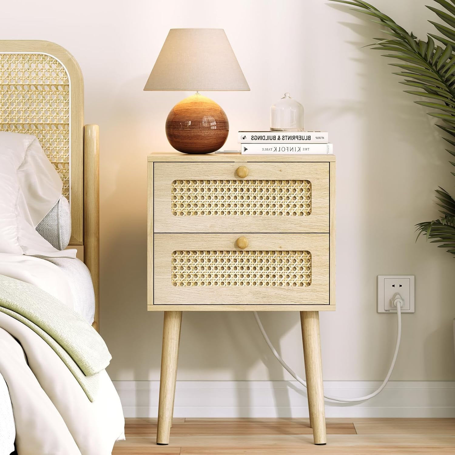 002 Rattan Nightstand, Boho Nightstand with Charing Station and Drawers ...