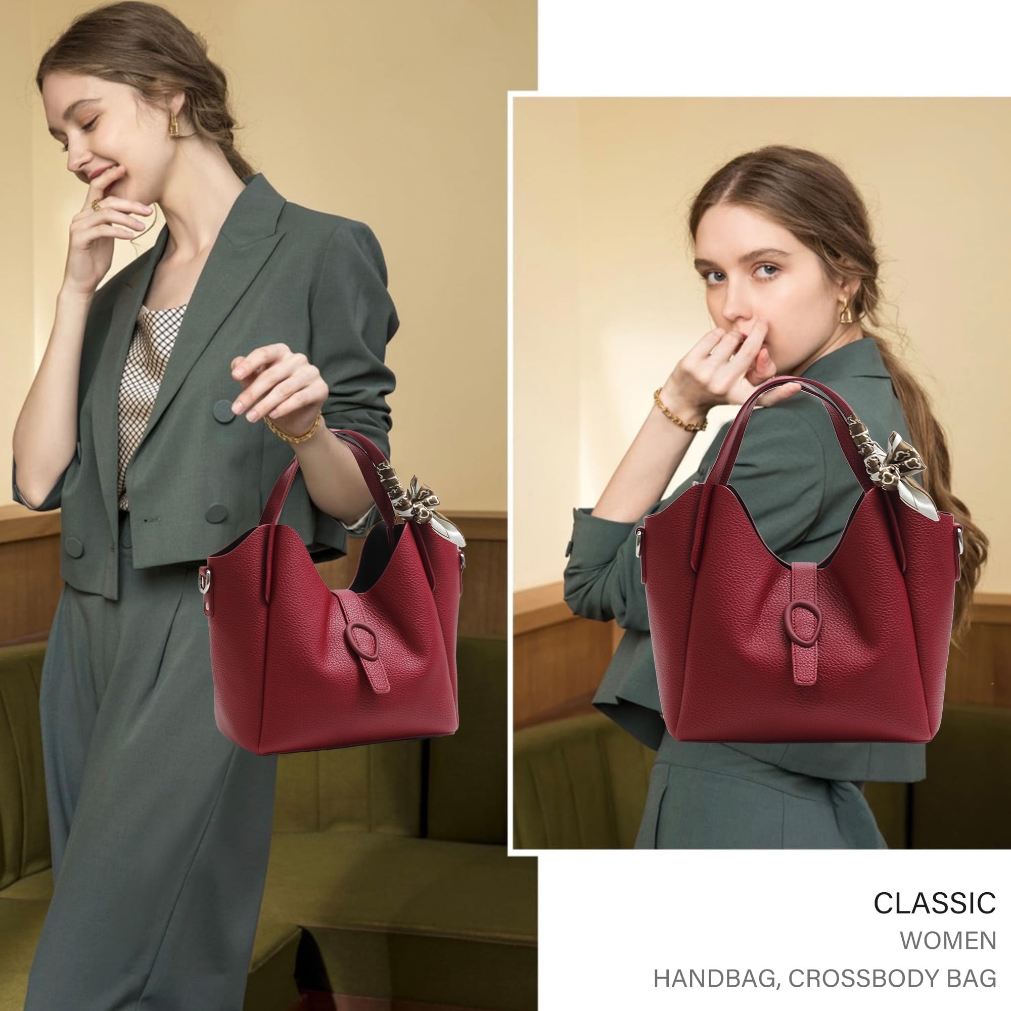 004-Elegant Solid Color Handbag & Crossbody Bag, PU Leather Satchel ...