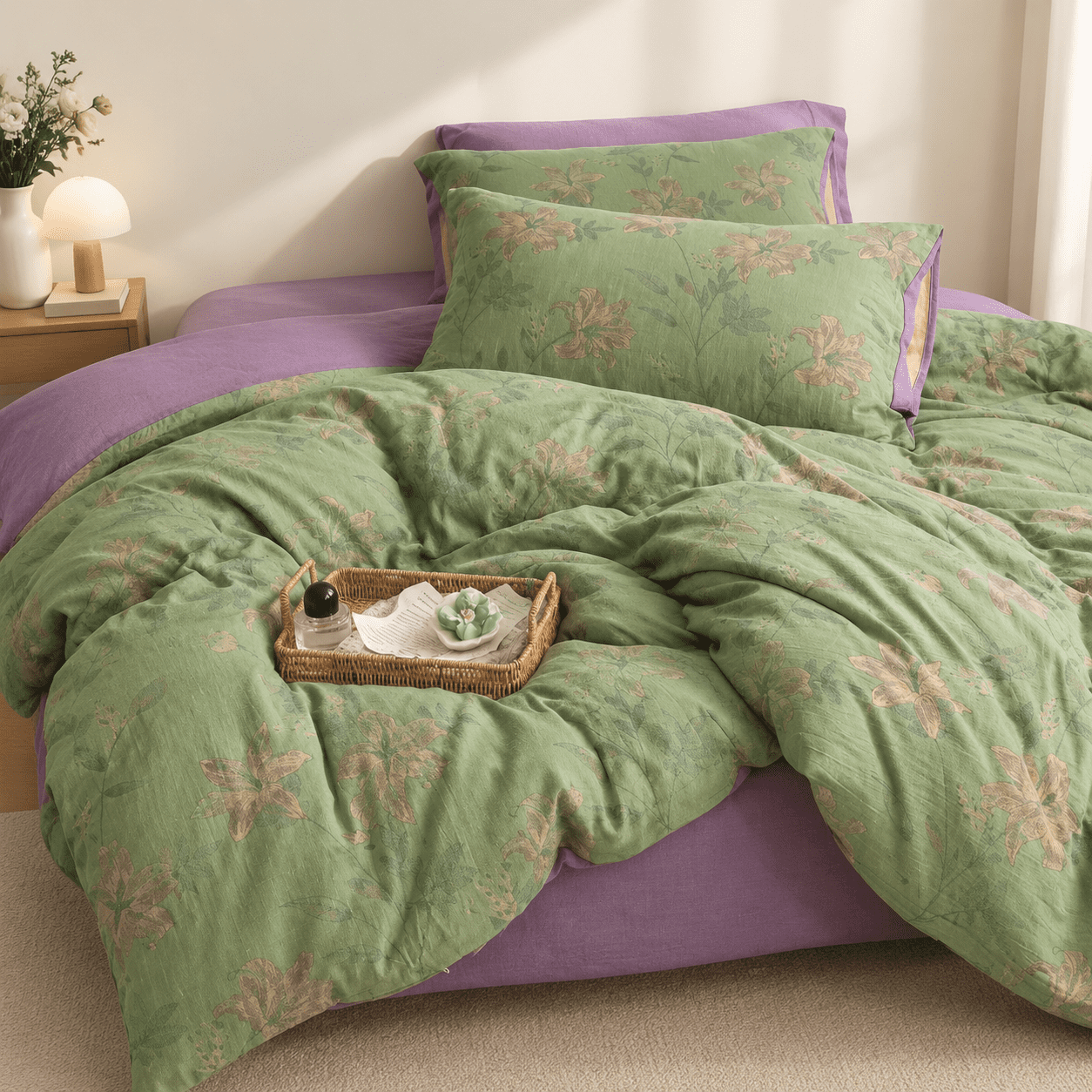 01- Jacquard - Green Purple Full Size Lily Flower Yarn-Dyed Linen ...