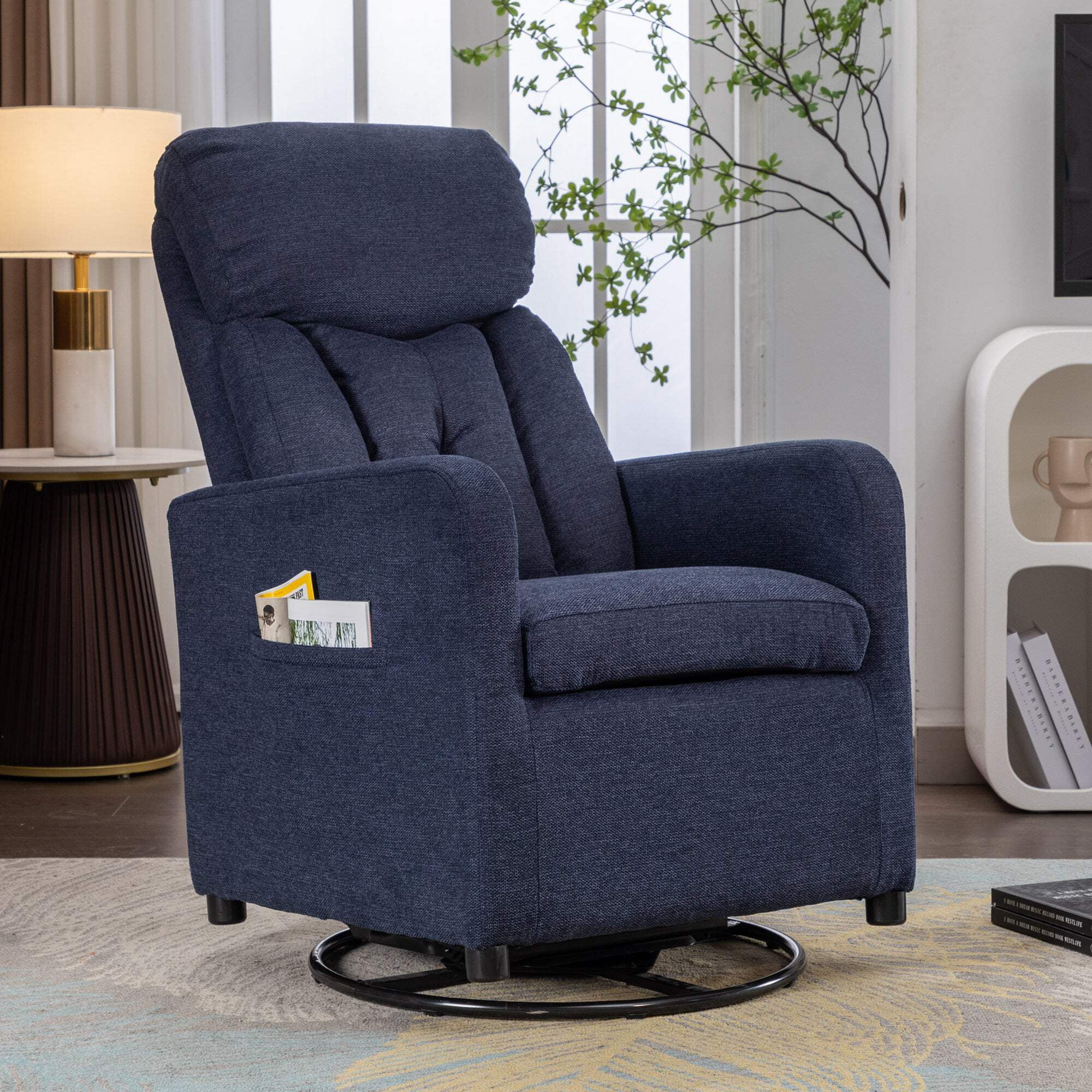022 Linen Fabric Swivel Rocking Chair Gilder Chair With Pocket,Navy ...