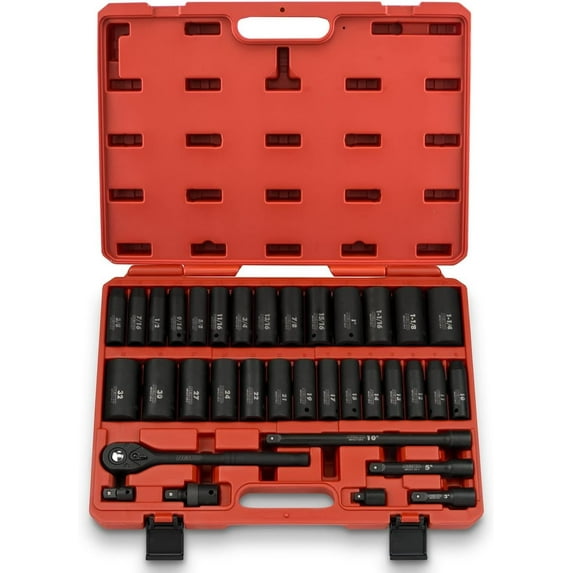 02446A 1/2" Impact Socket Set, 35 count, Deep Socket Kit Assortment, Standard (3/8"-1-1/4") and ...