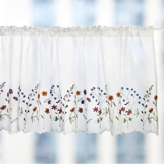 027 Floral Embroidery Pastoral Style Valance, White Sheer Flowers ...