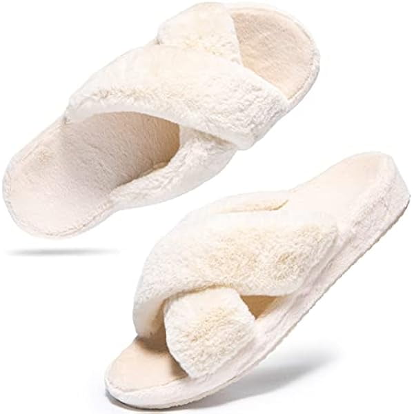 0298Womens Fuzzy Cross Band Slippers with Orthotic Insole Arch Support ...