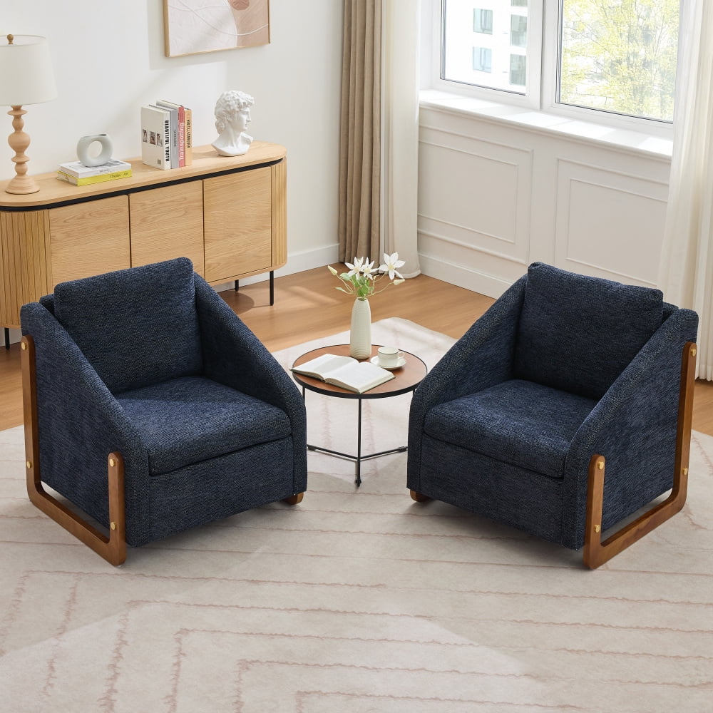 057-Set of 1 Chenille Fabric Modern Upholstered Armchair with Wooden ...