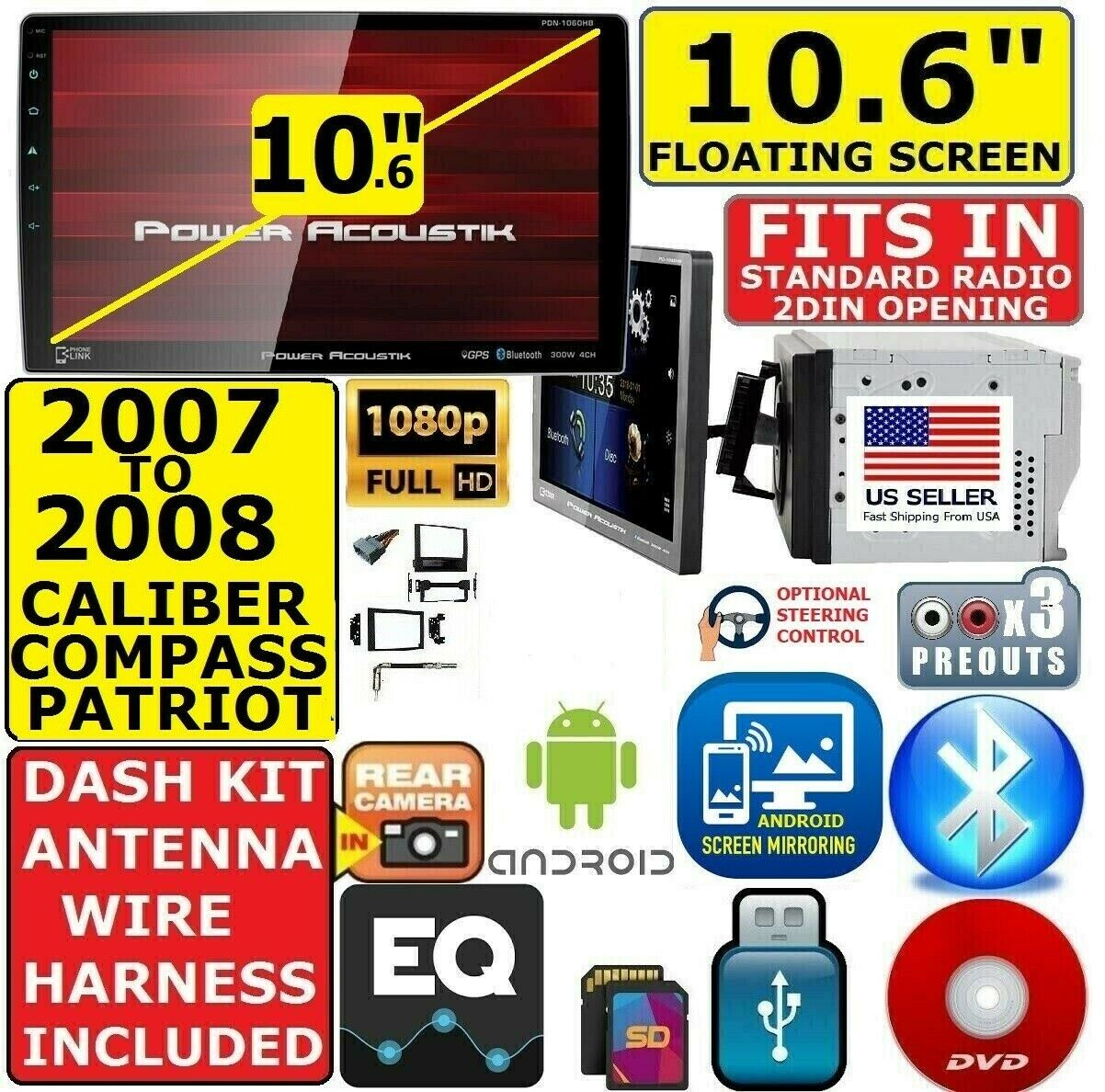 07 08 COMPASS CALIBER PATRIOT 10.6" BLUETOOTH USB CD/DVD CAR RADIO ...