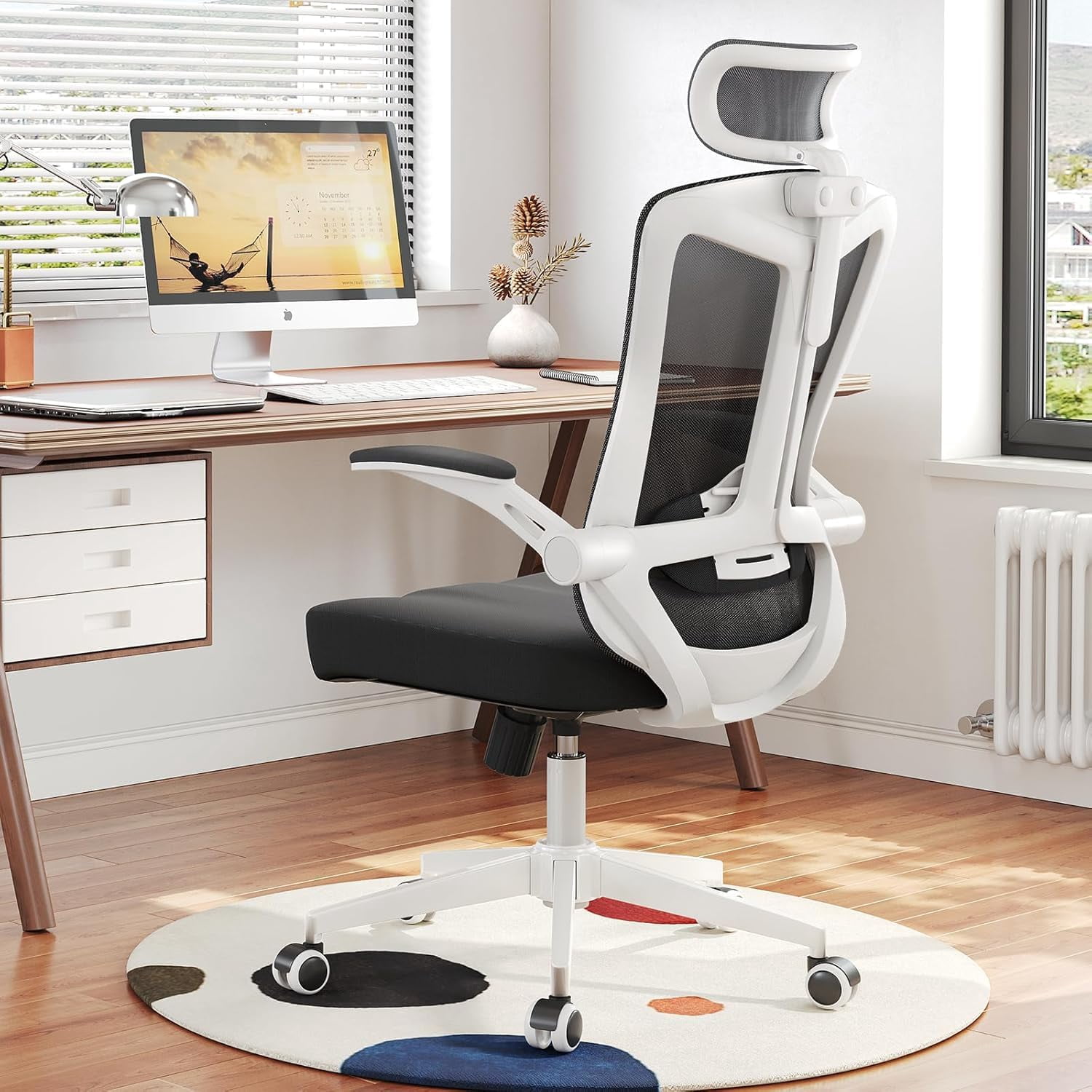 07White-Black Ergonomic Office Chair With Adjustable Headrest, Lumbar ...