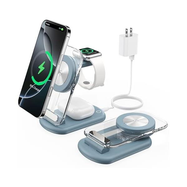 0829 3 in 1 Magnetic Wireless Charging Station for Apple Devices, Fast Foldable Travel Mag-Safe ...