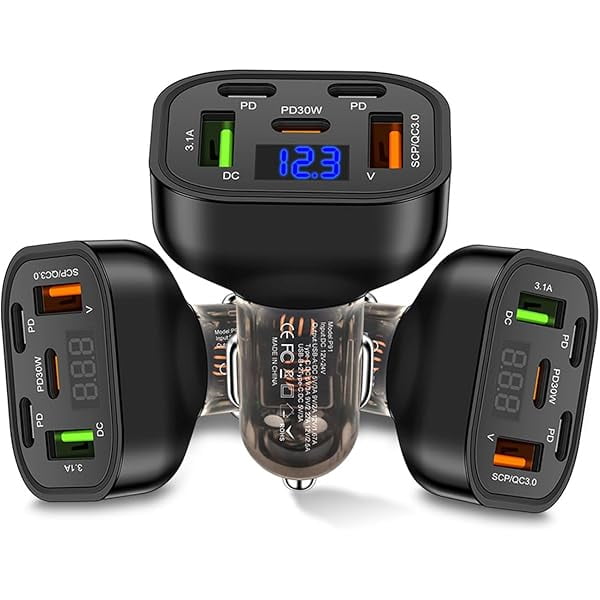 0829 5 Ports PD30W LED Voltage Display QC3.0 Fast Charge Multi Port USB C Car Charger Cigarette ...