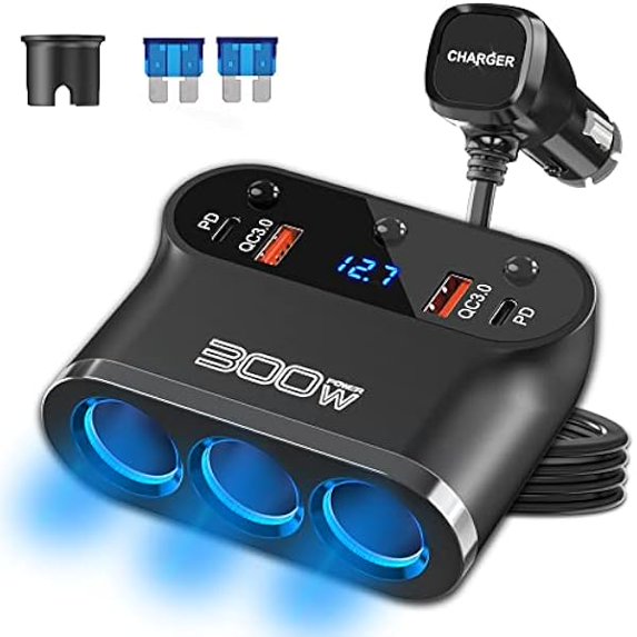 0829 7 in 1 Cigarette Lighter Adapter: 300W 3 Socket Car Charger ...