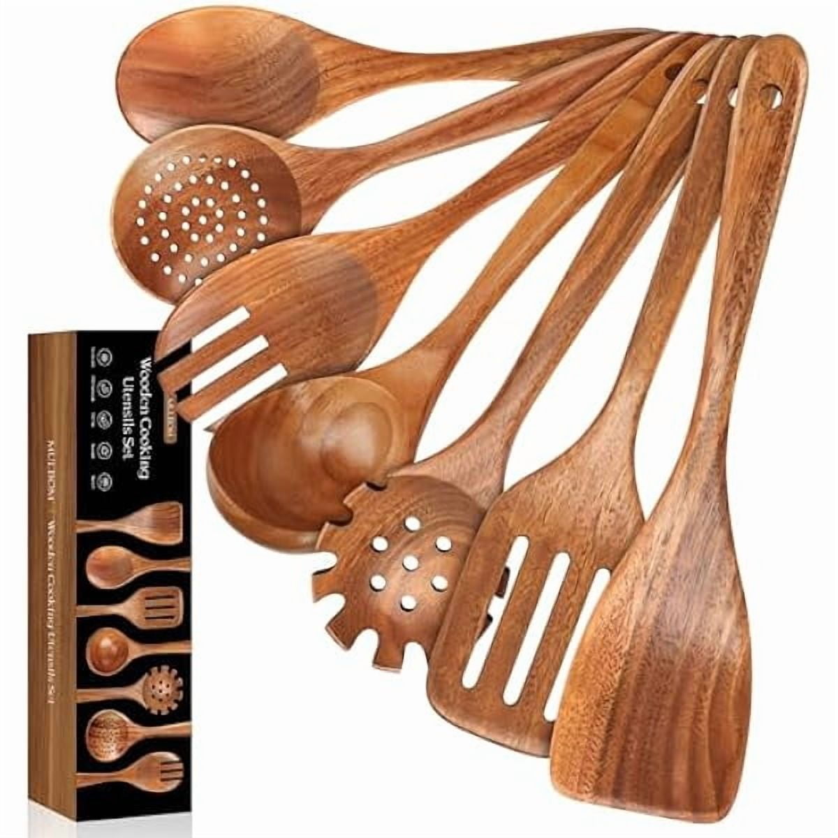 0829 7 PCS Wooden Spoons for Cooking Natural Teak Kitchen Utensils ...